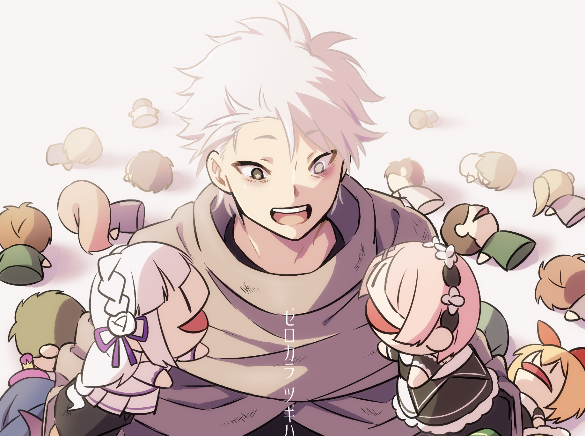 Re:Zero HD Wallpaper - Subaru Natsuki with Petra, Emilia & Ram