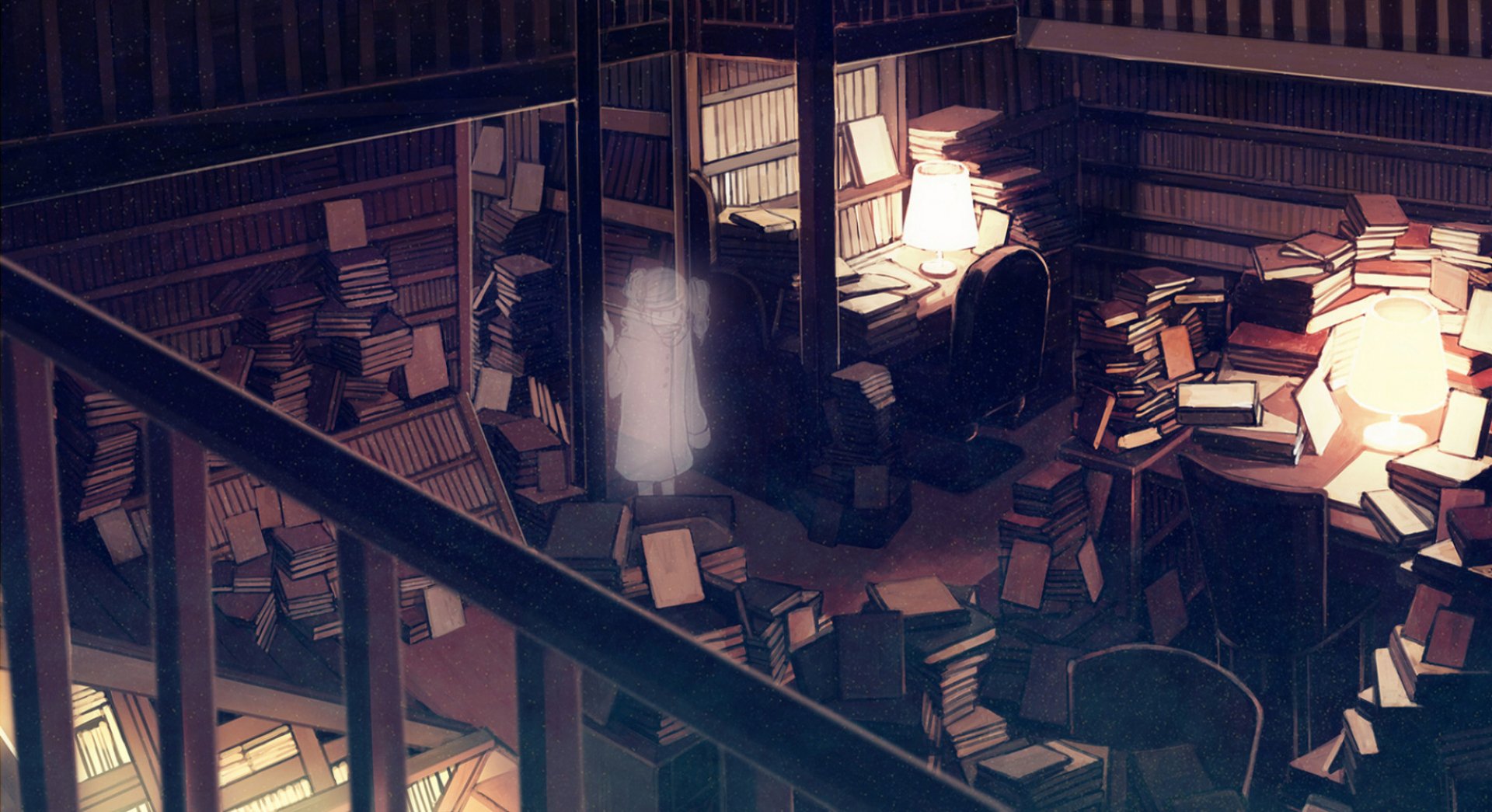 Haunting Library: A Ghostly Anime HD Wallpaper by 緜
