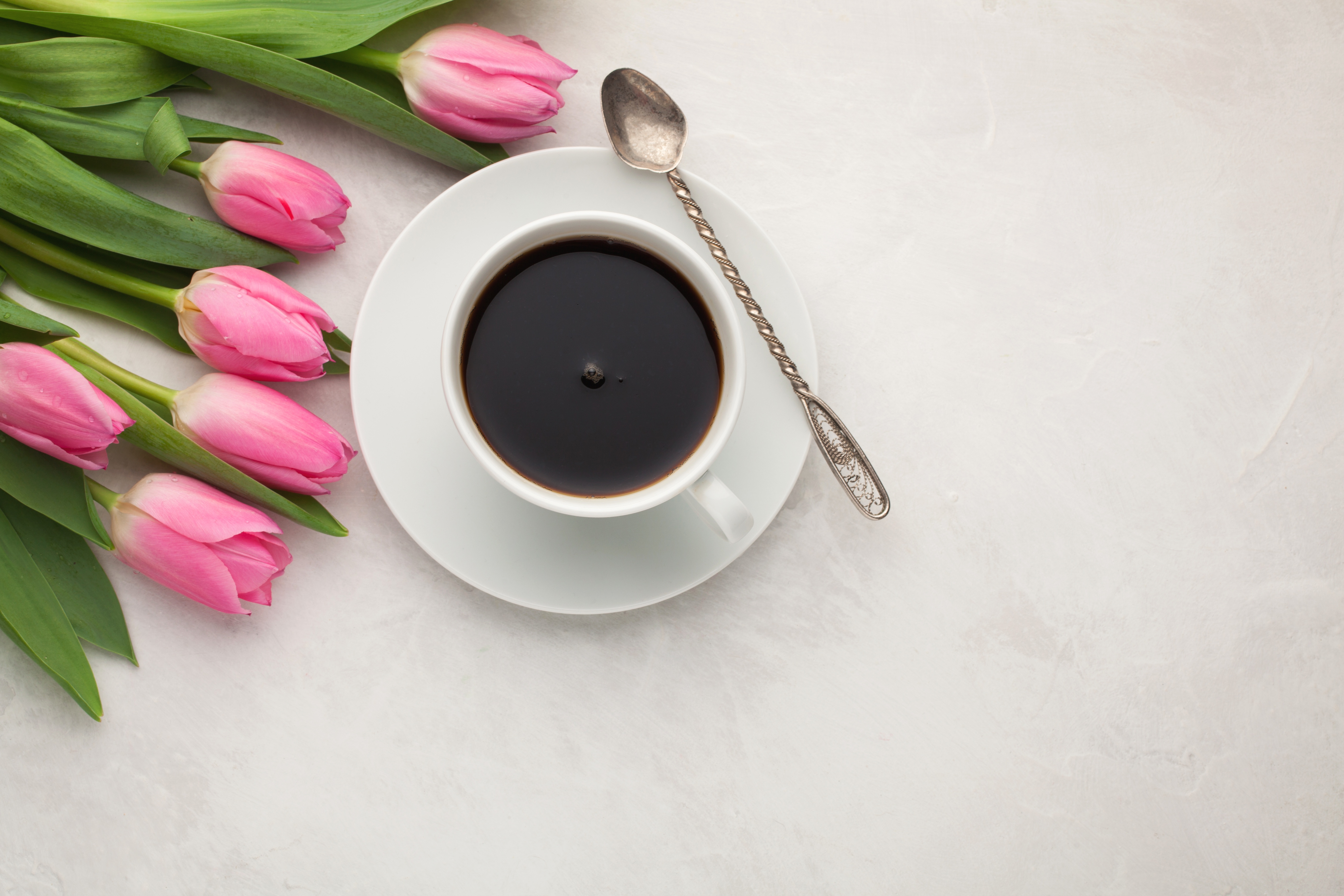 Download Pink Flower Tulip Cup Food Coffee 4k Ultra HD Wallpaper