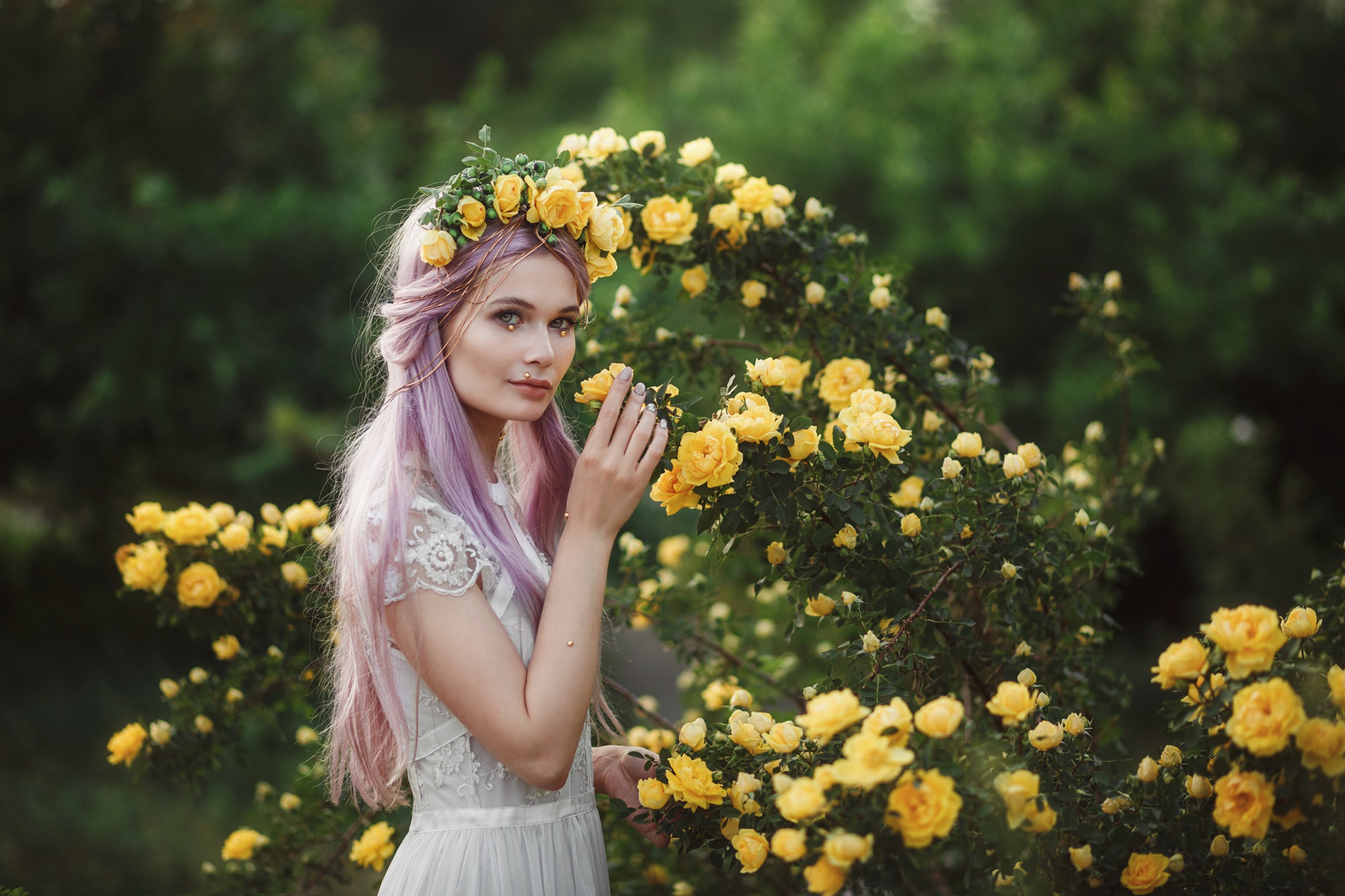 Download Pink Hair Long Hair Yellow Flower Wreath Dress Rose Flower ...