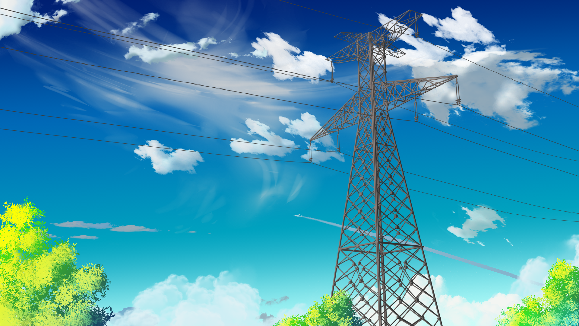 Anime Skyscape: HD Clouds and Power Lines in Vibrant Blue by Kurioni