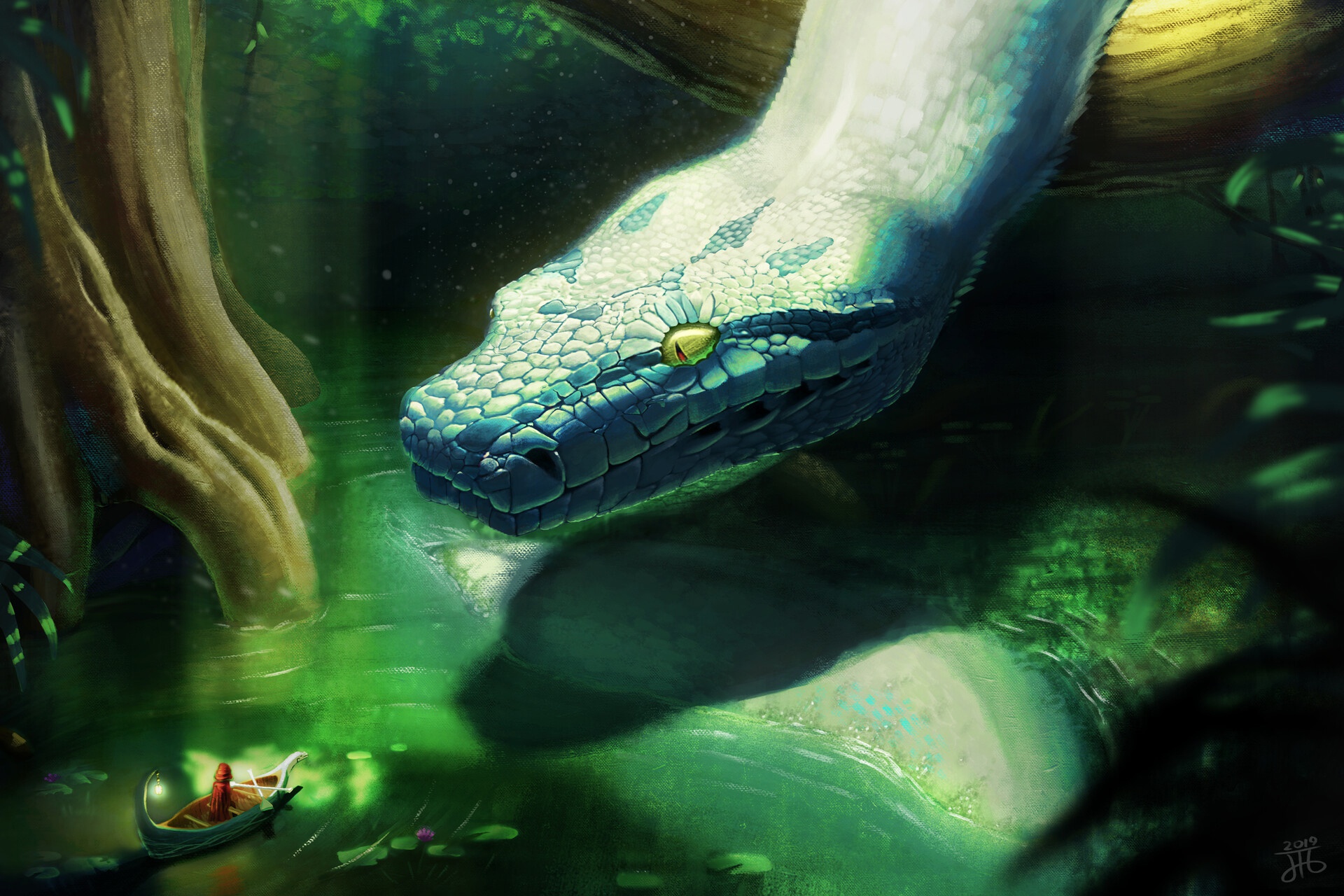 Fantasy Art Snake Giant Fantasy Art Dark Snake Owl Girl Poster Paper