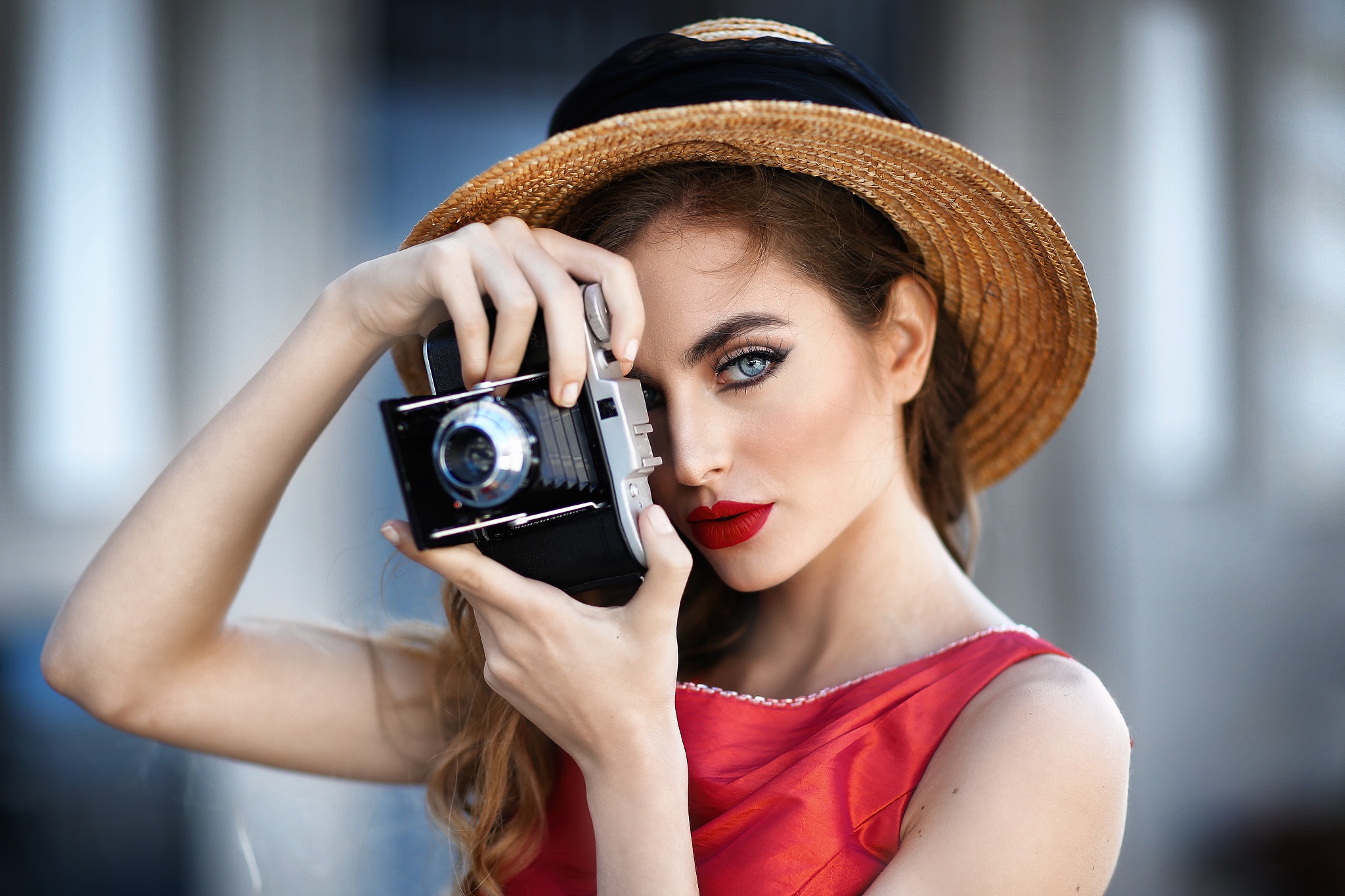 Download Blue Eyes Lipstick Hat Camera Woman Model HD Wallpaper by ...