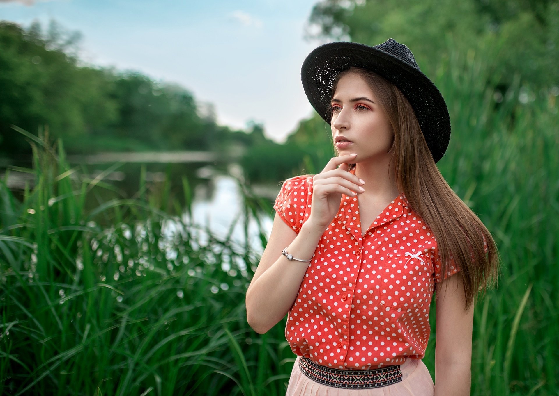 Download Depth Of Field Hat Brunette Woman Model HD Wallpaper by Albert ...