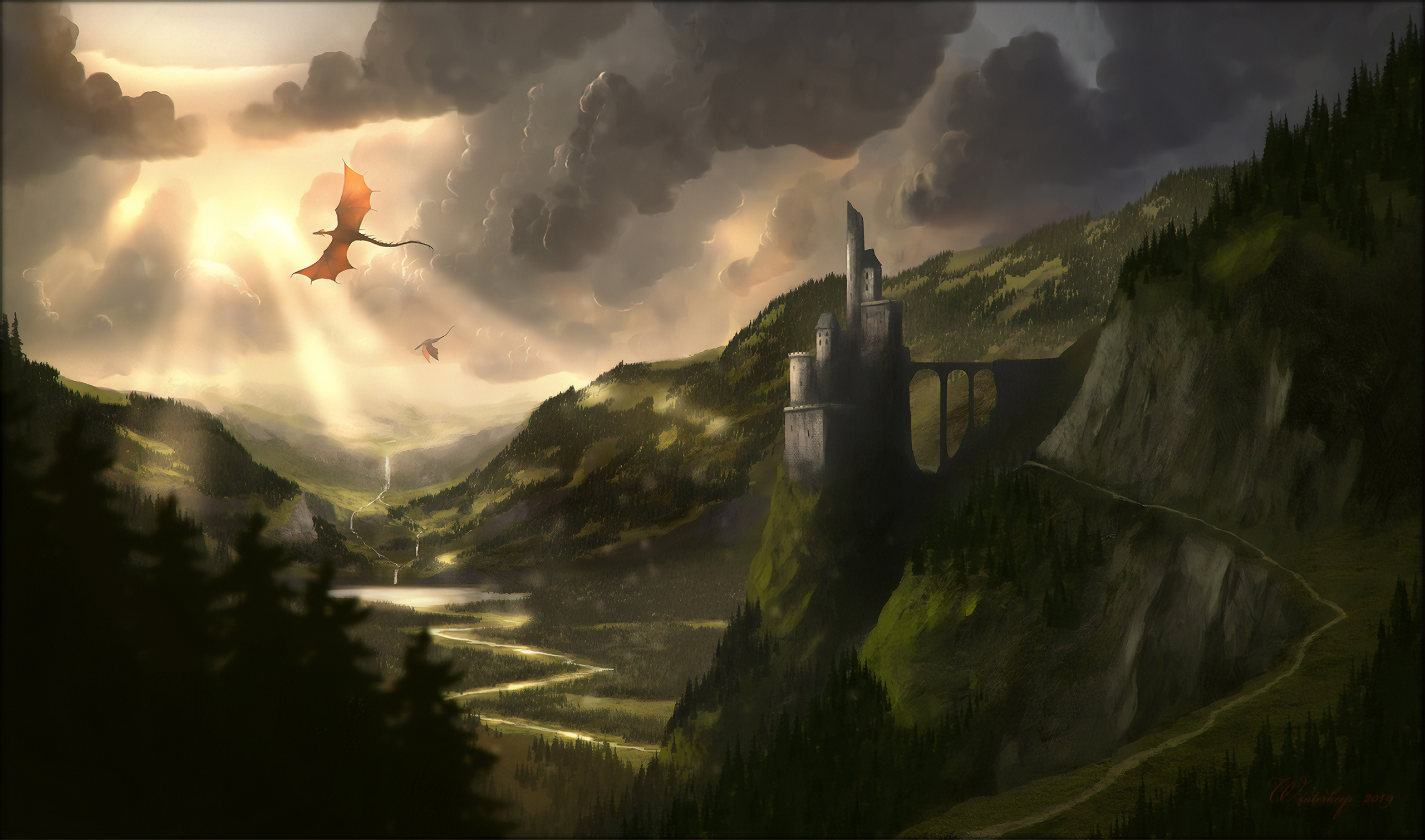 Download Path Sunbeam Cloud Castle Landscape Fantasy Dragon Fantasy ...