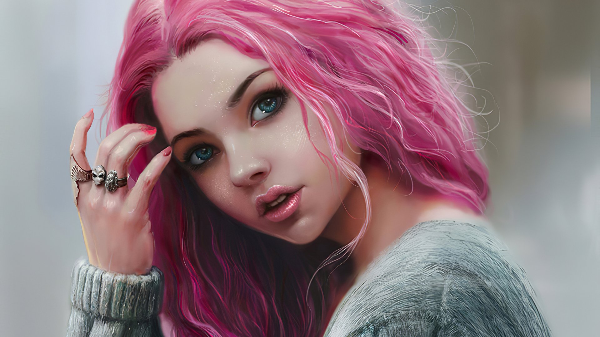 Download Face Blue Eyes Pink Hair Woman Artistic Hd Wallpaper By