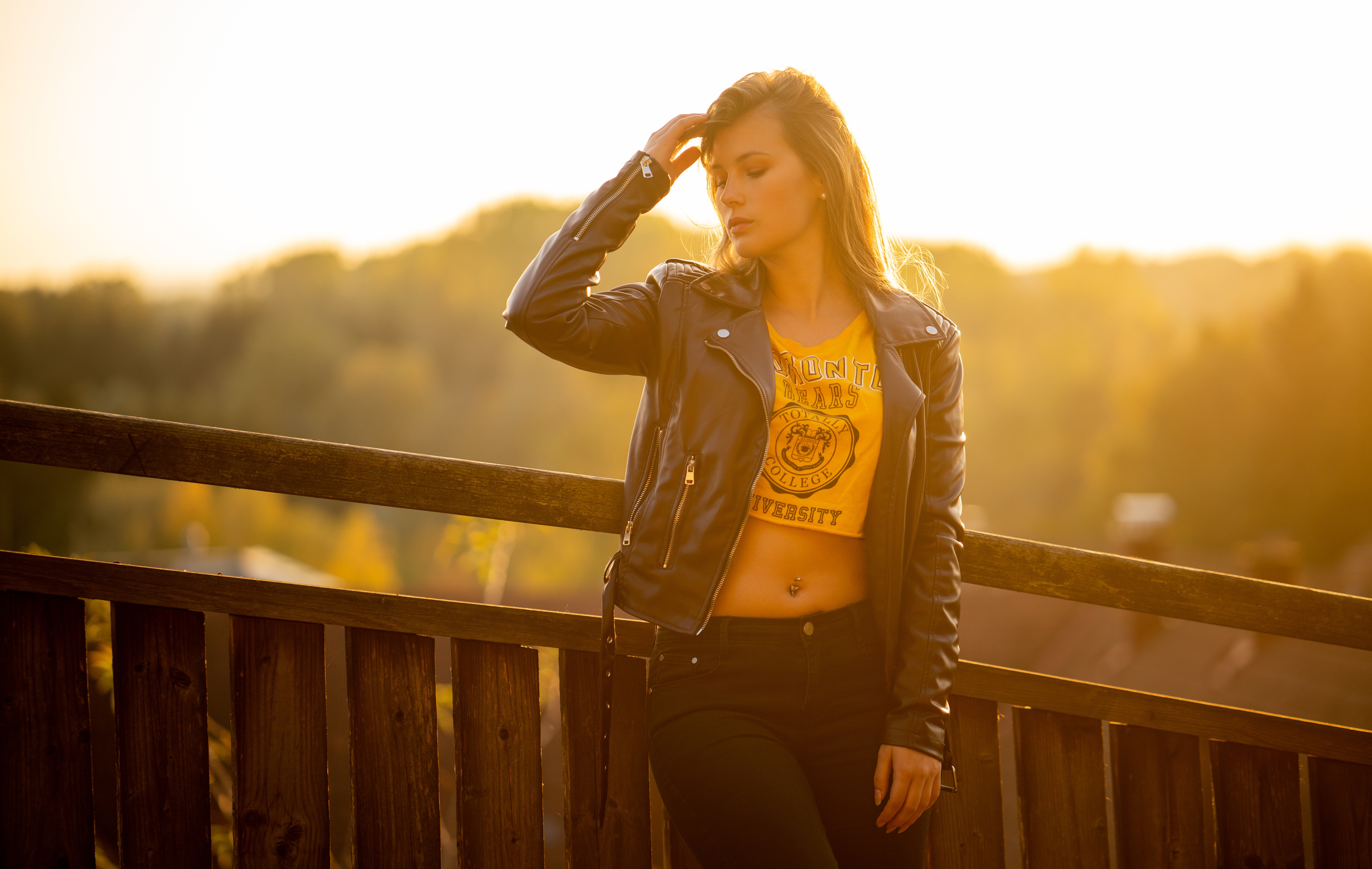 Download Leather Jacket Brunette Depth Of Field Model Woman Mood 4k