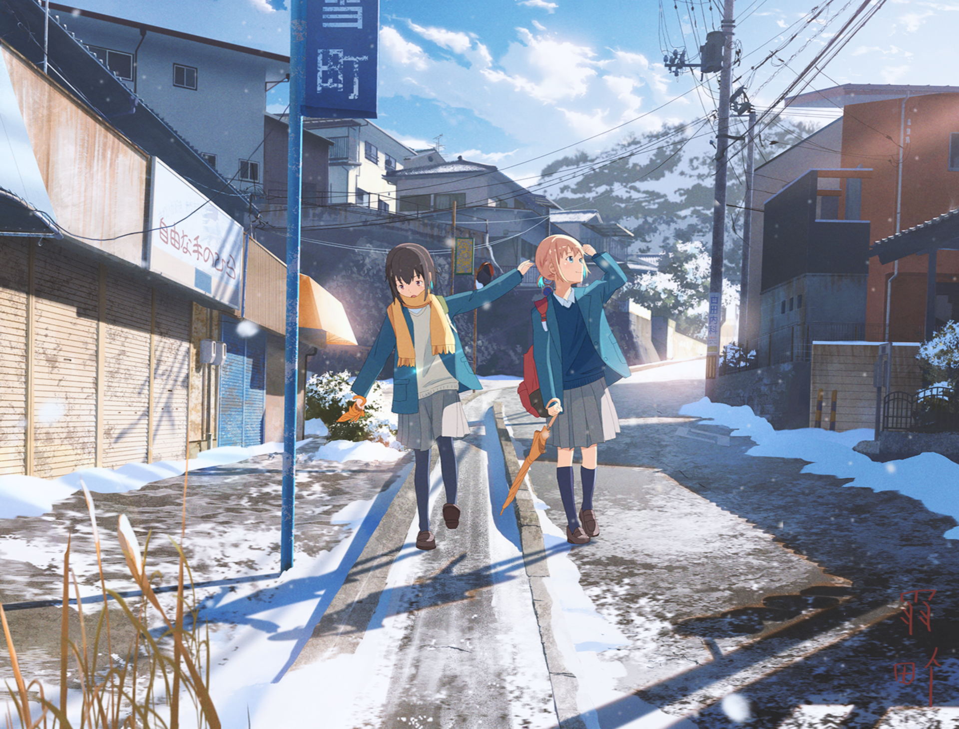 Snowy Anime Stroll: Original HD Winter Wallpaper by 雪町