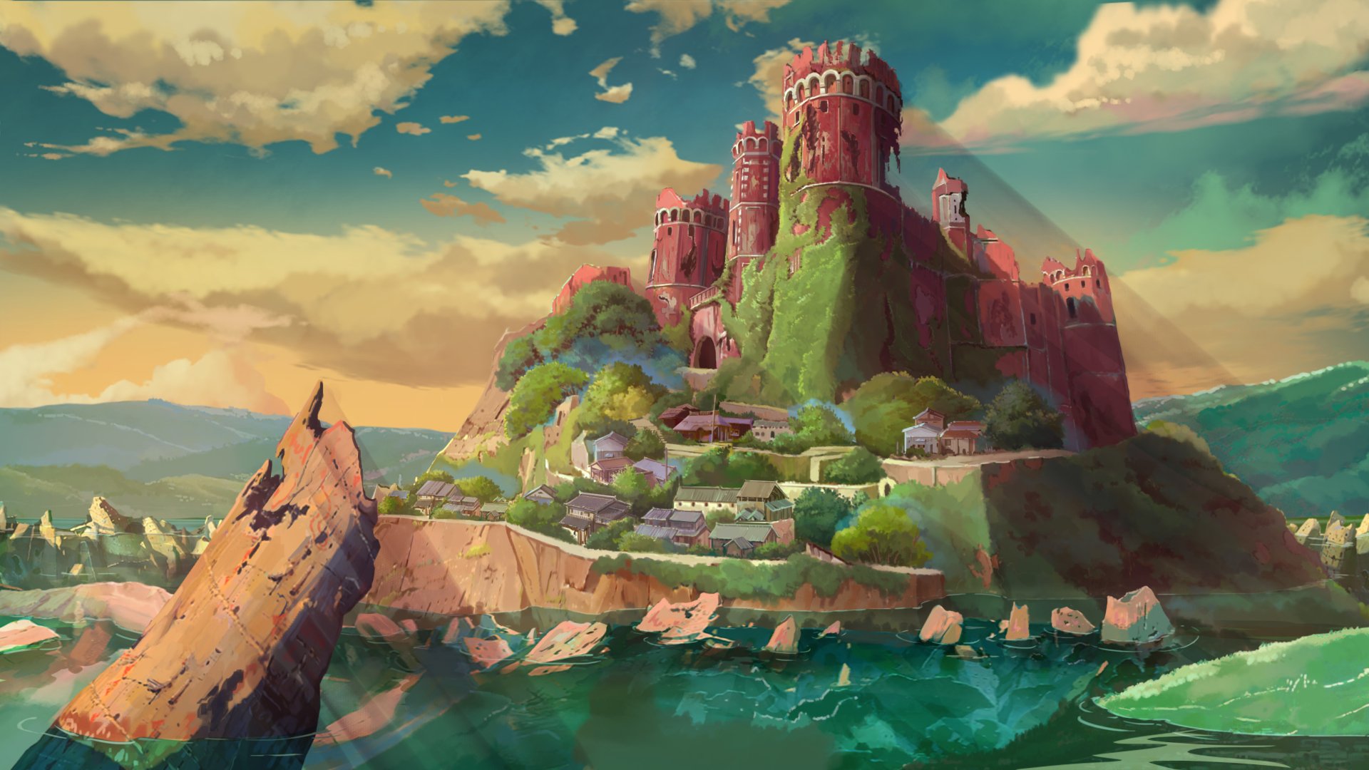 Anime Castle Oasis: Stunning Waterfront HD Fantasy Wallpaper by 近衛曦晨晨