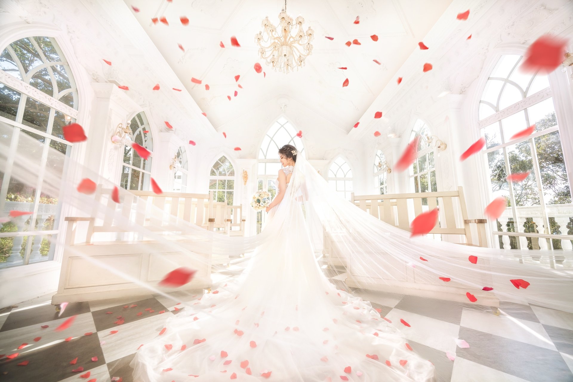 Download Petal Wedding Dress White Dress Mood Brunette Asian Model ...