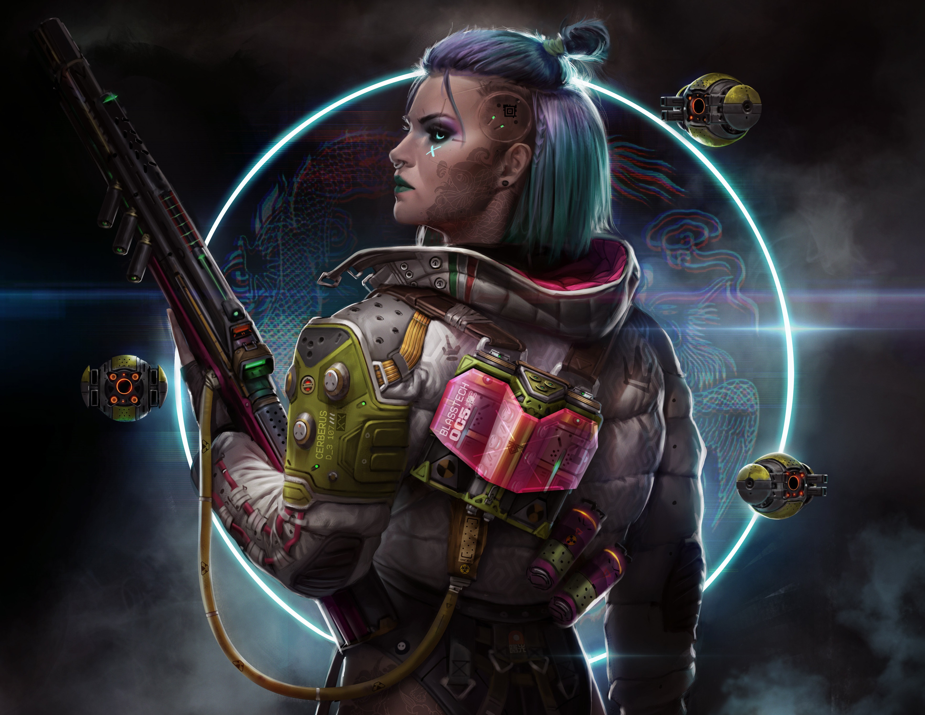 Cyberpunk Cyborg Warrior: Sci-Fi Tattooed Hunter HD Wallpaper