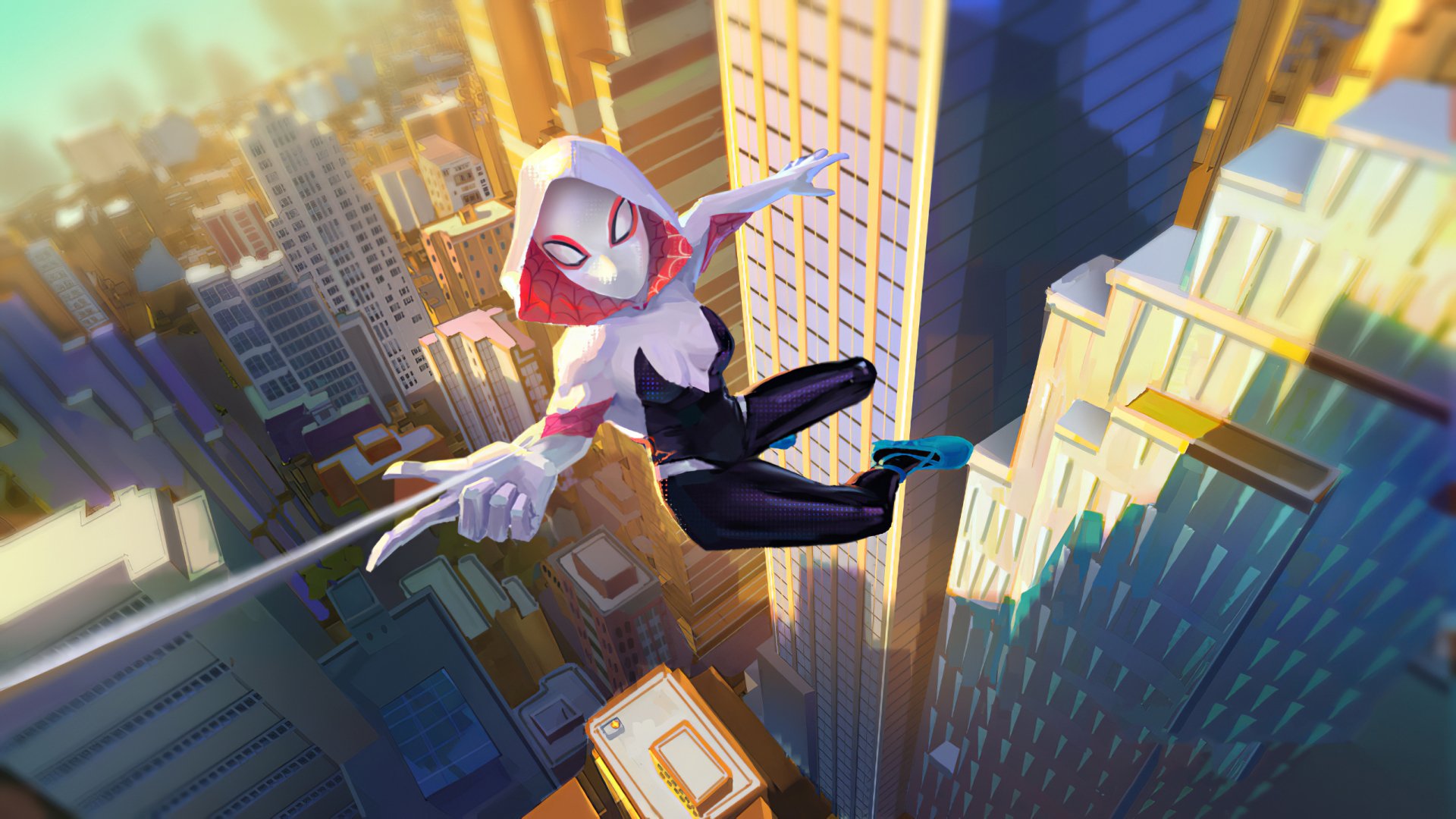 Spider-Gwen HD Wallpaper: Dynamic Comic City Swing by 痴呆的 路人甲