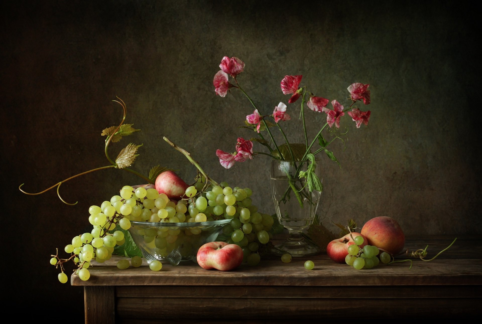 Download Flower Vase Fruit Peach Grapes Photography Still Life HD Wallpaper