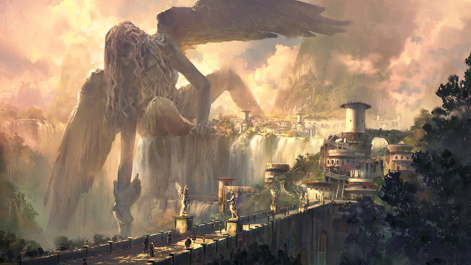 Download Angel Waterfall Fantasy Statue HD Wallpaper