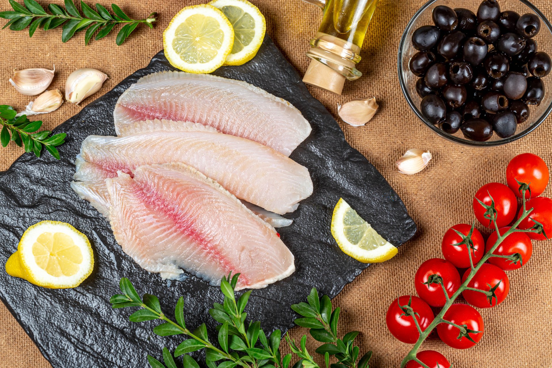 Download Still Life Seafood Lemon Tomato Olive Food Fish 4k Ultra HD ...