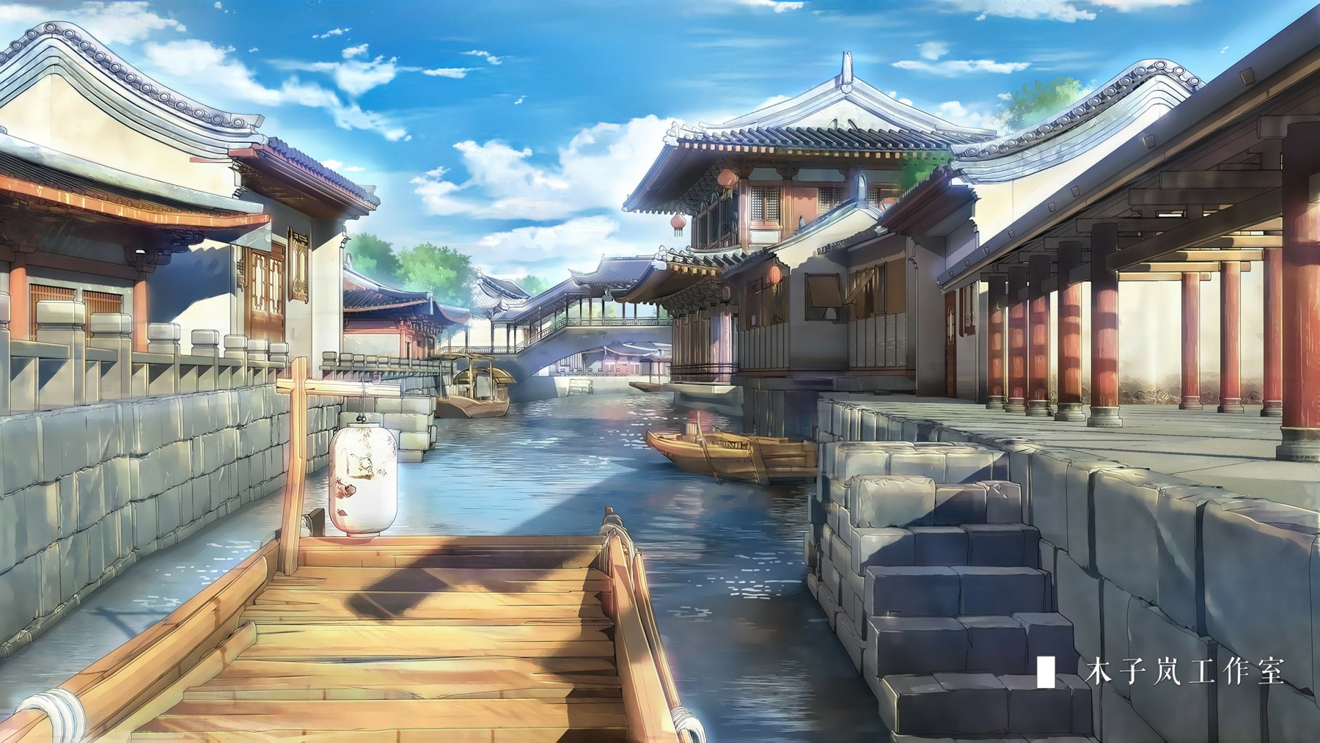 Sunlit Canal Town — Anime HD Wallpaper by Moonslan Studio