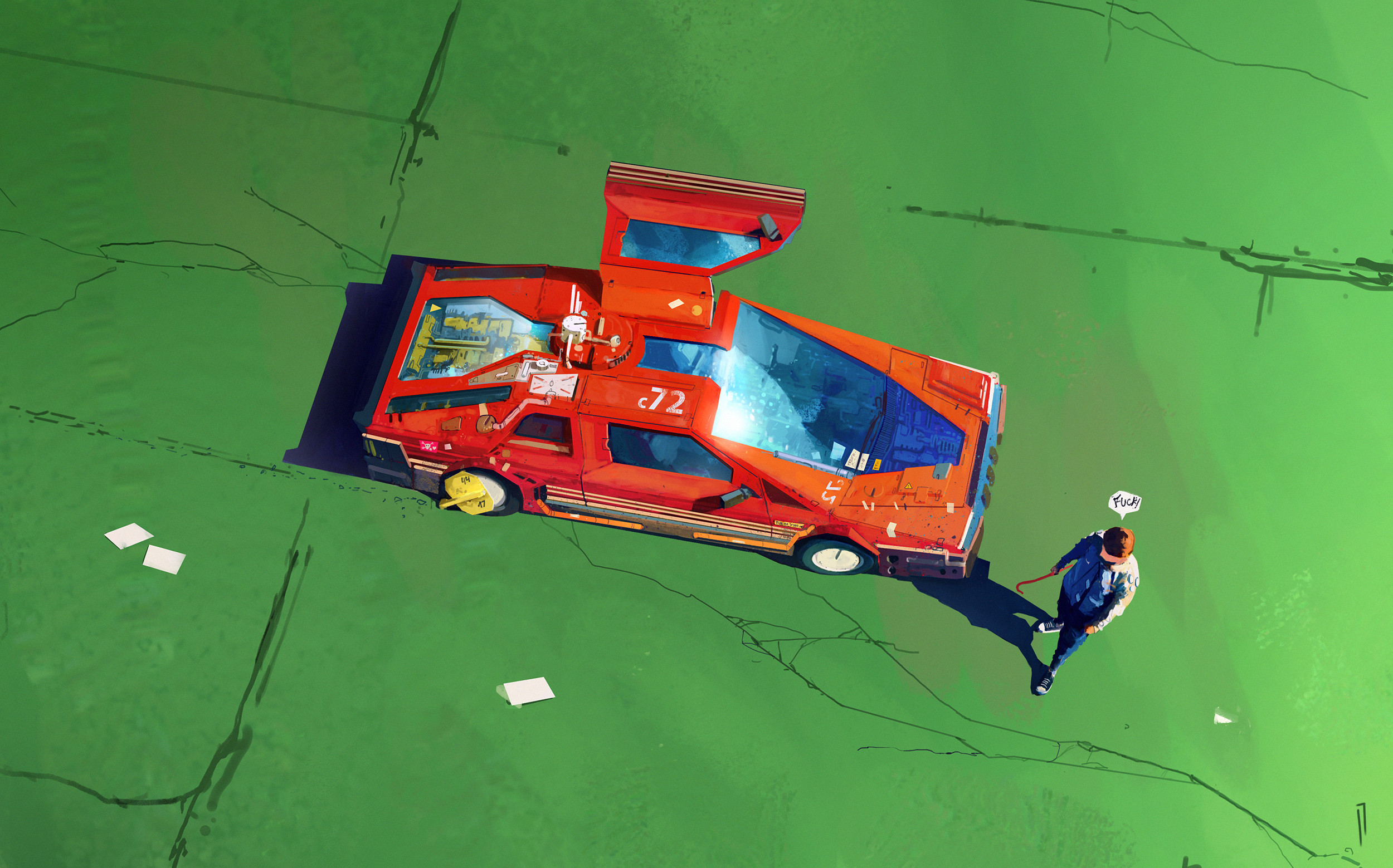 High-Definition Aerial View of Red Sports Car Wallpaper by Ismail Inceoglu