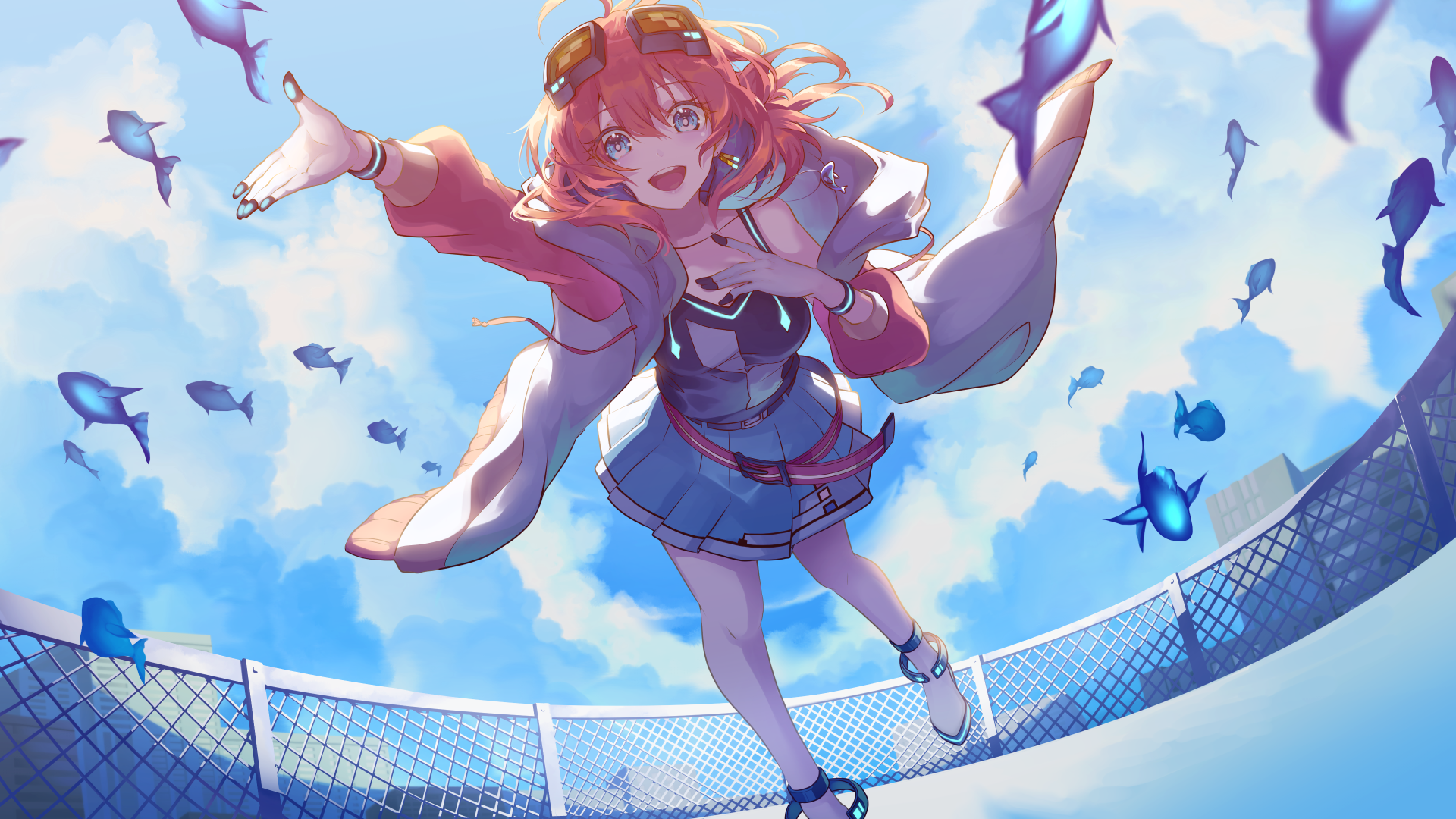Vibrant Anime Girl with Pink Hair and Blue Eyes Amid Flying Fish by Saihate