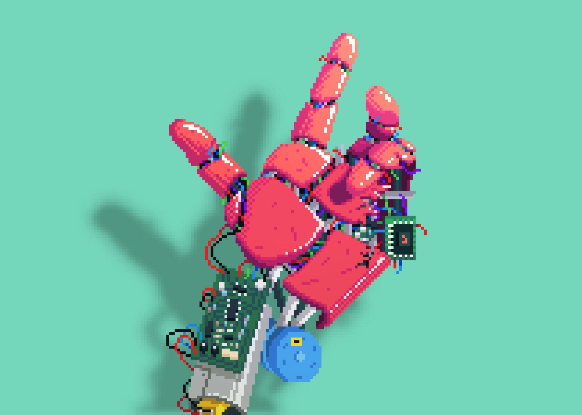 Pixelated Robotic Art: HD Futuristic Hand Wallpaper