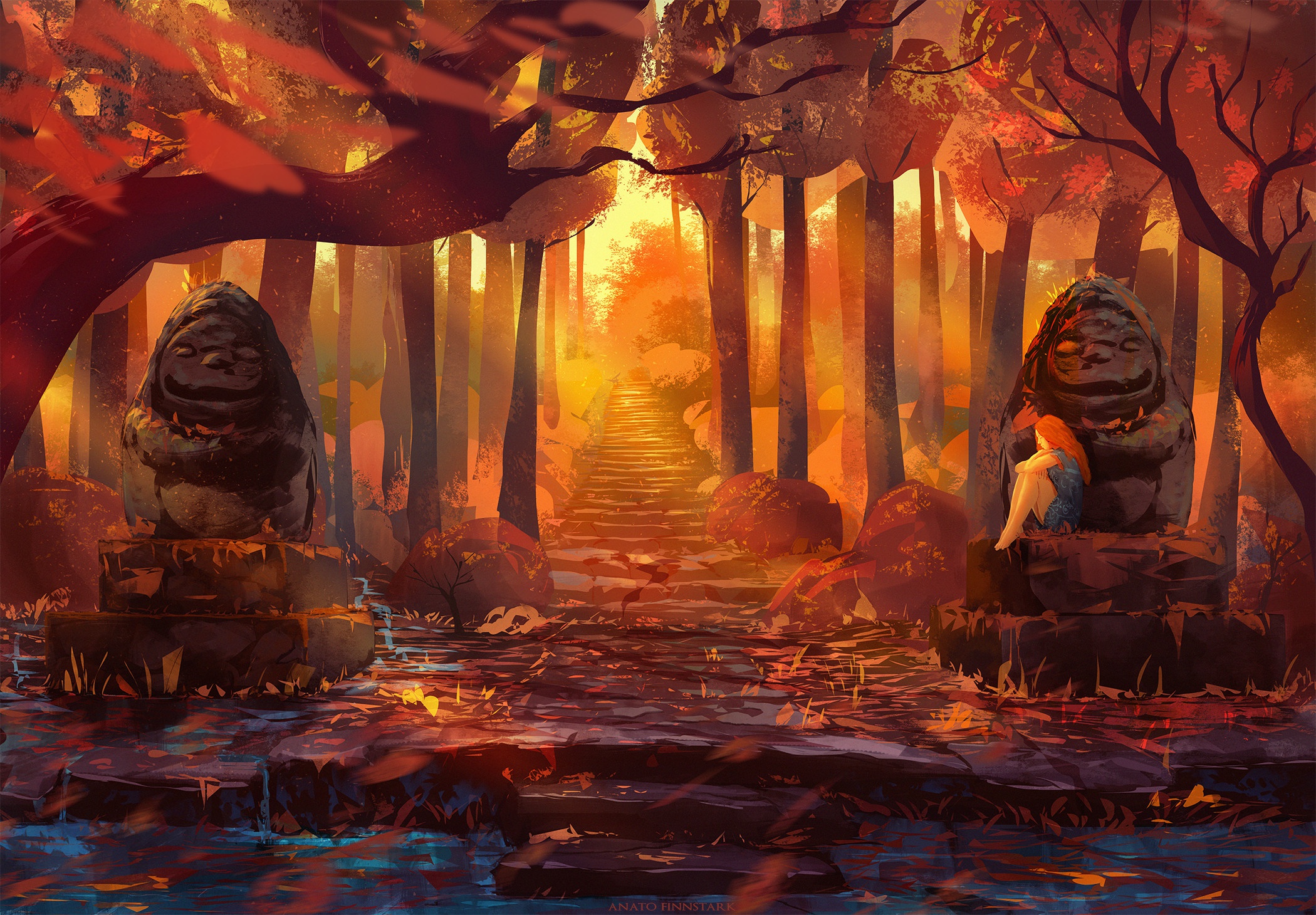 Download Path Statue Forest Fall Fantasy Oriental HD Wallpaper by Anato ...