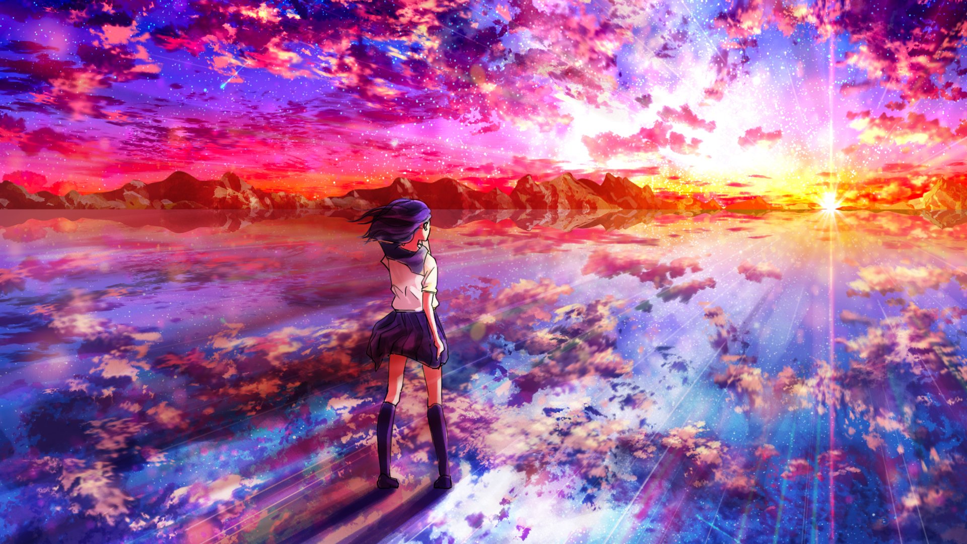 Anime Sunset Dreamscape: HD Girl Among Vibrant Clouds by Color Creation