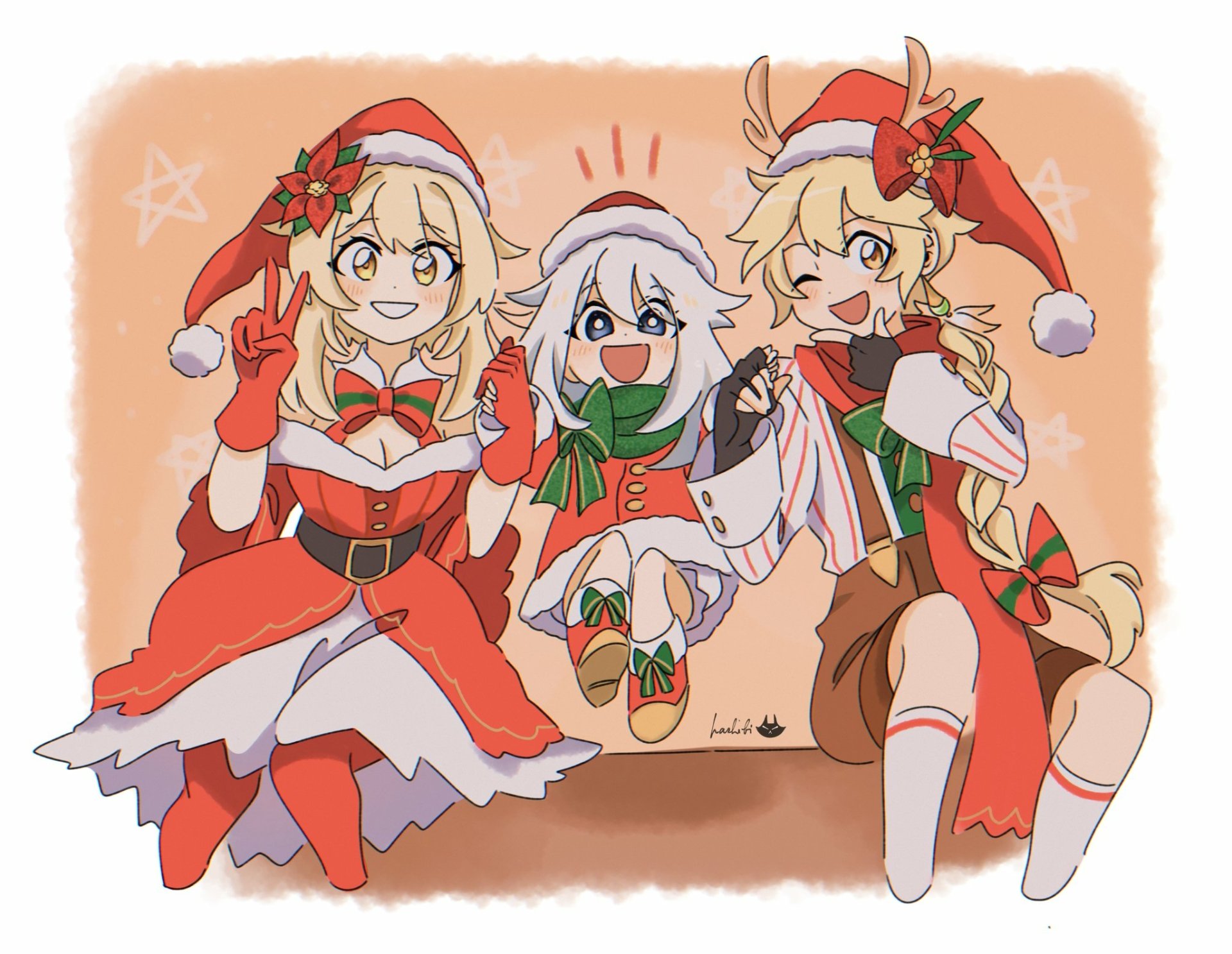 Genshin Impact Holiday Trio — Paimon, Aether & Lumine (HD Wallpaper) by ...