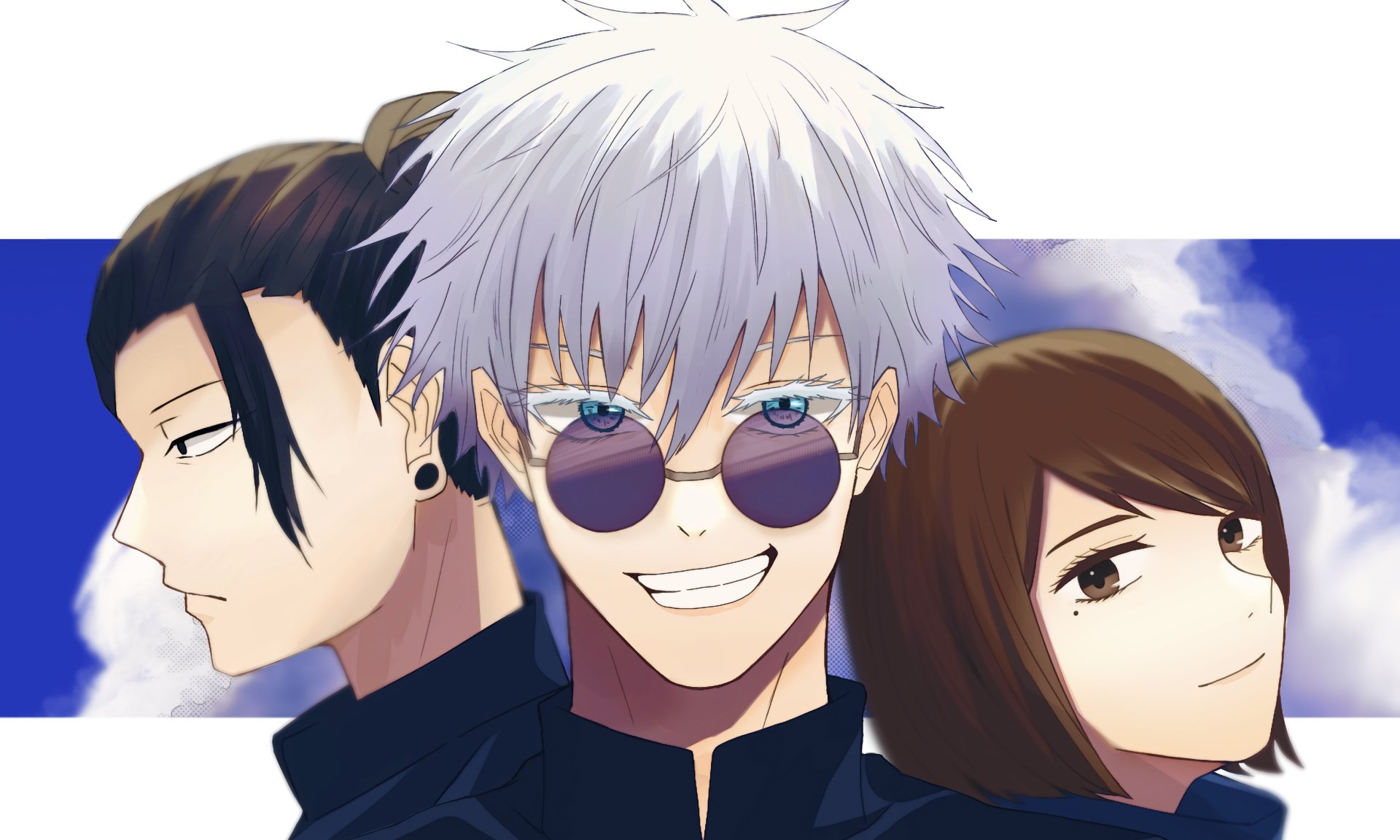 Jujutsu Kaisen Trio: Gojo, Geto & Ieiri HD Anime Wallpaper by おしお