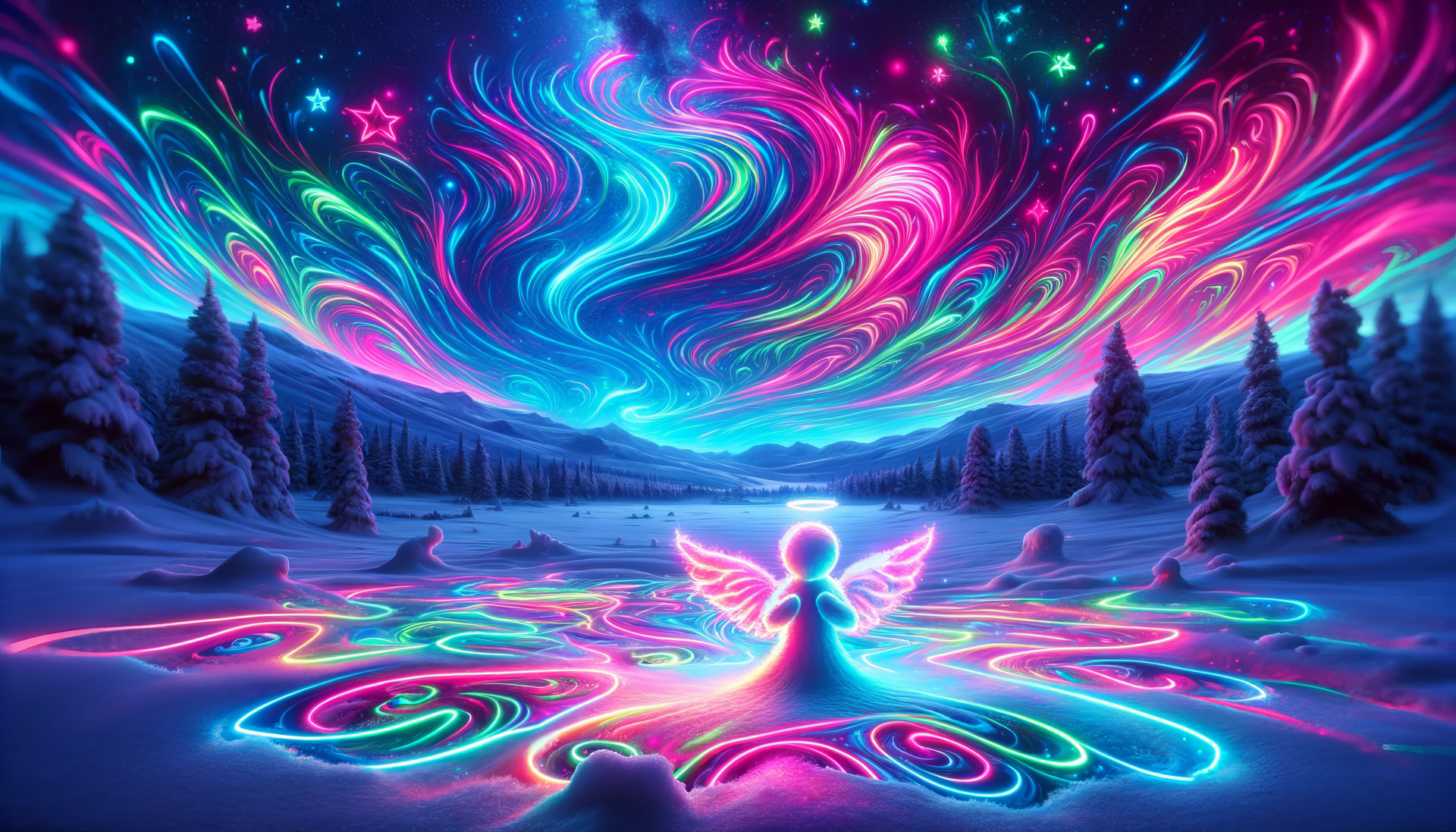 Mystical Neon Snow Angel HD Wallpaper by robokoboto