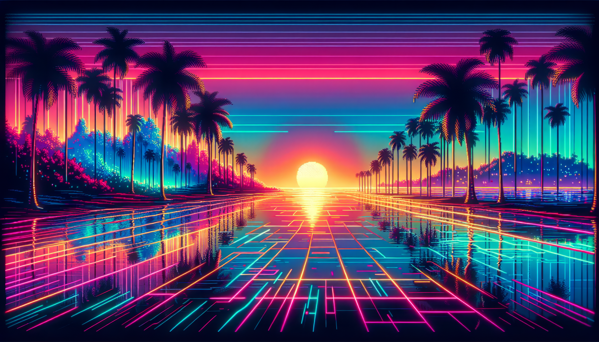 Vibrant Outrun Sunset HD Wallpaper by QuantumCurator