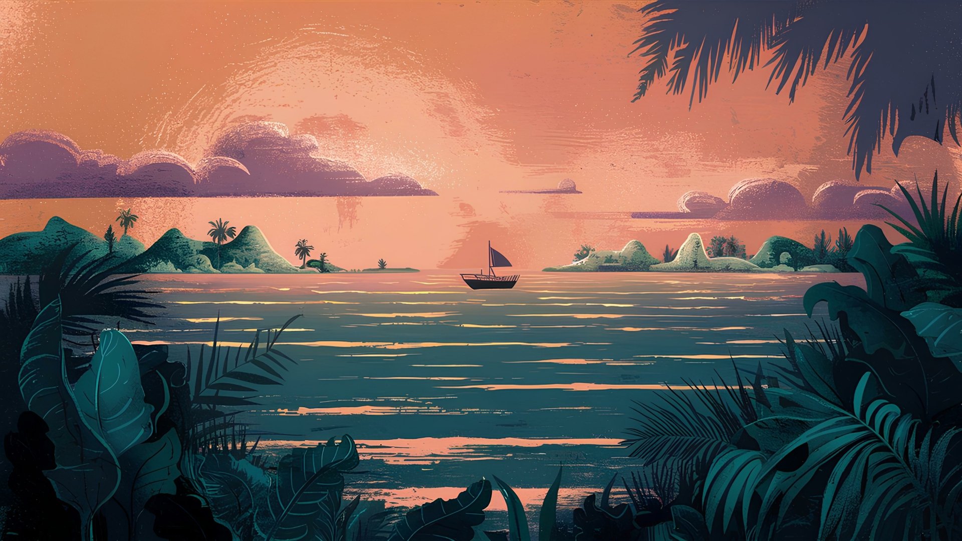 Tropical island sunset with sailing boat by gabruwallpapers