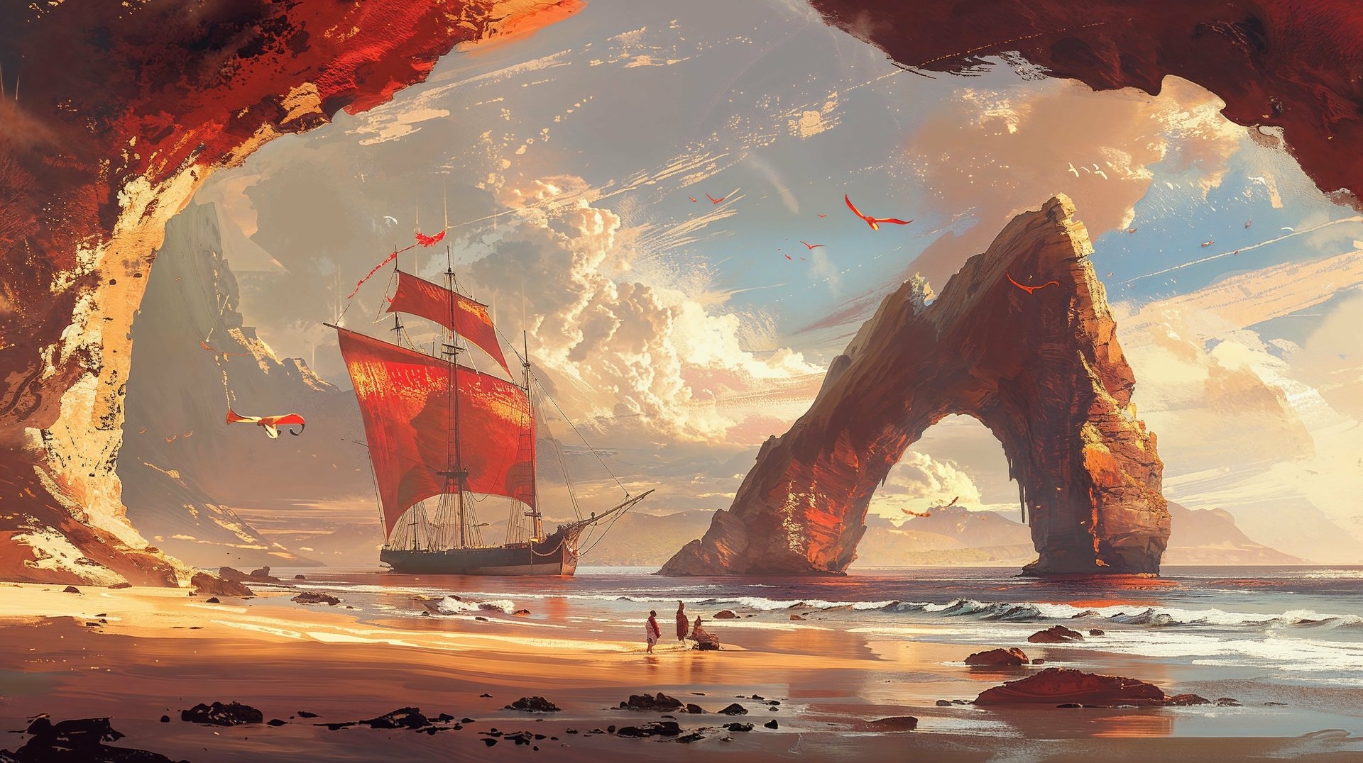 Fantasy Beach Adventure: Mystic Ship and Rocky Arch HD Wallpaper by ...
