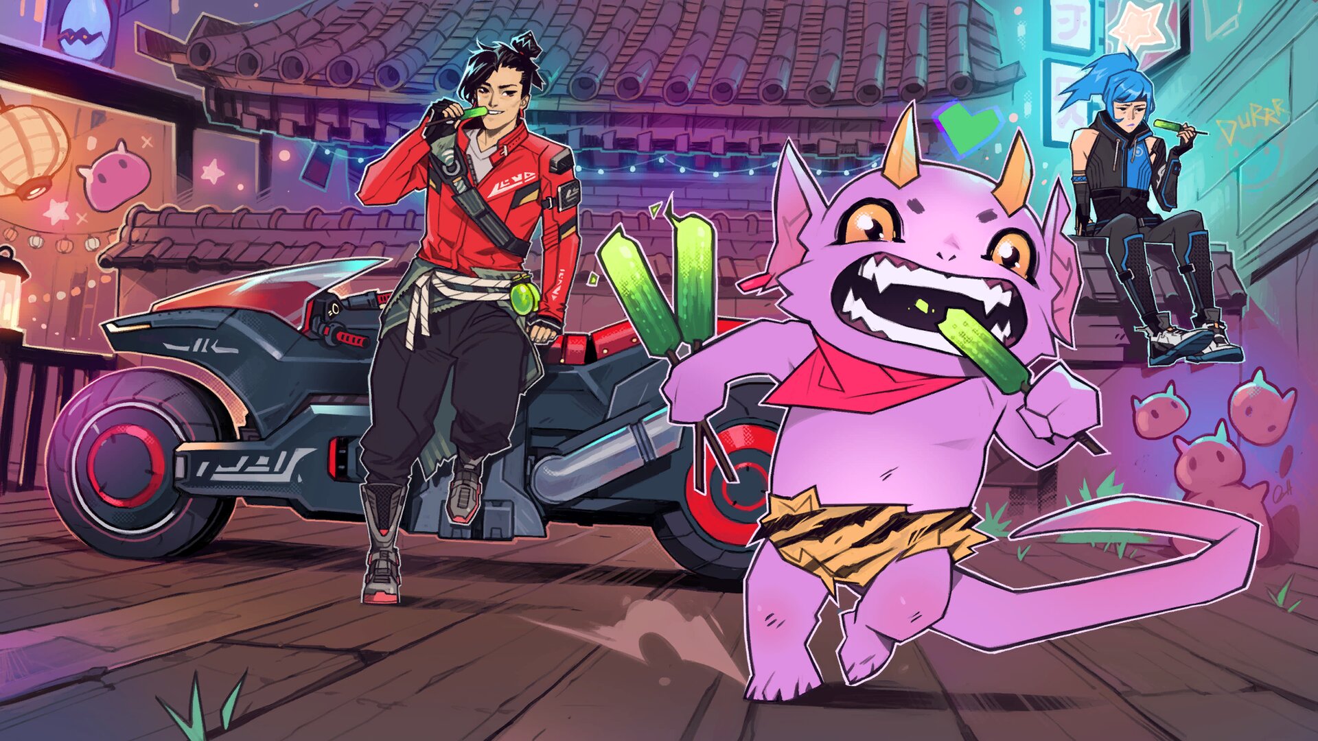 Fortnite HD Wallpaper: Vibrant Cyber Streets & Playful Monster Clash