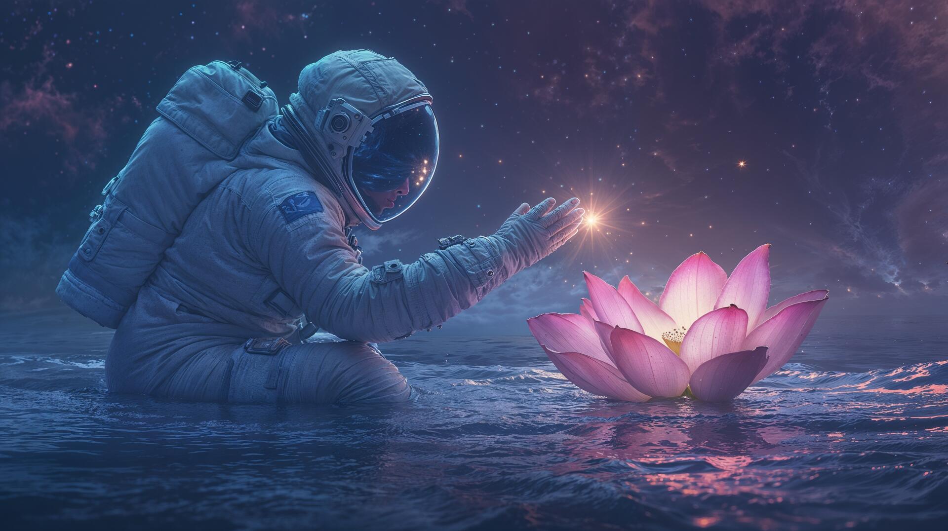 Download Astronaut Lotus Star Water HD Wallpaper by michaldunaj