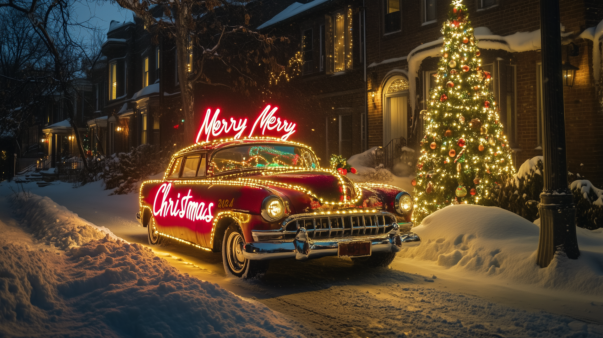 Merry Christmas Classic Car in winter Town by patrika