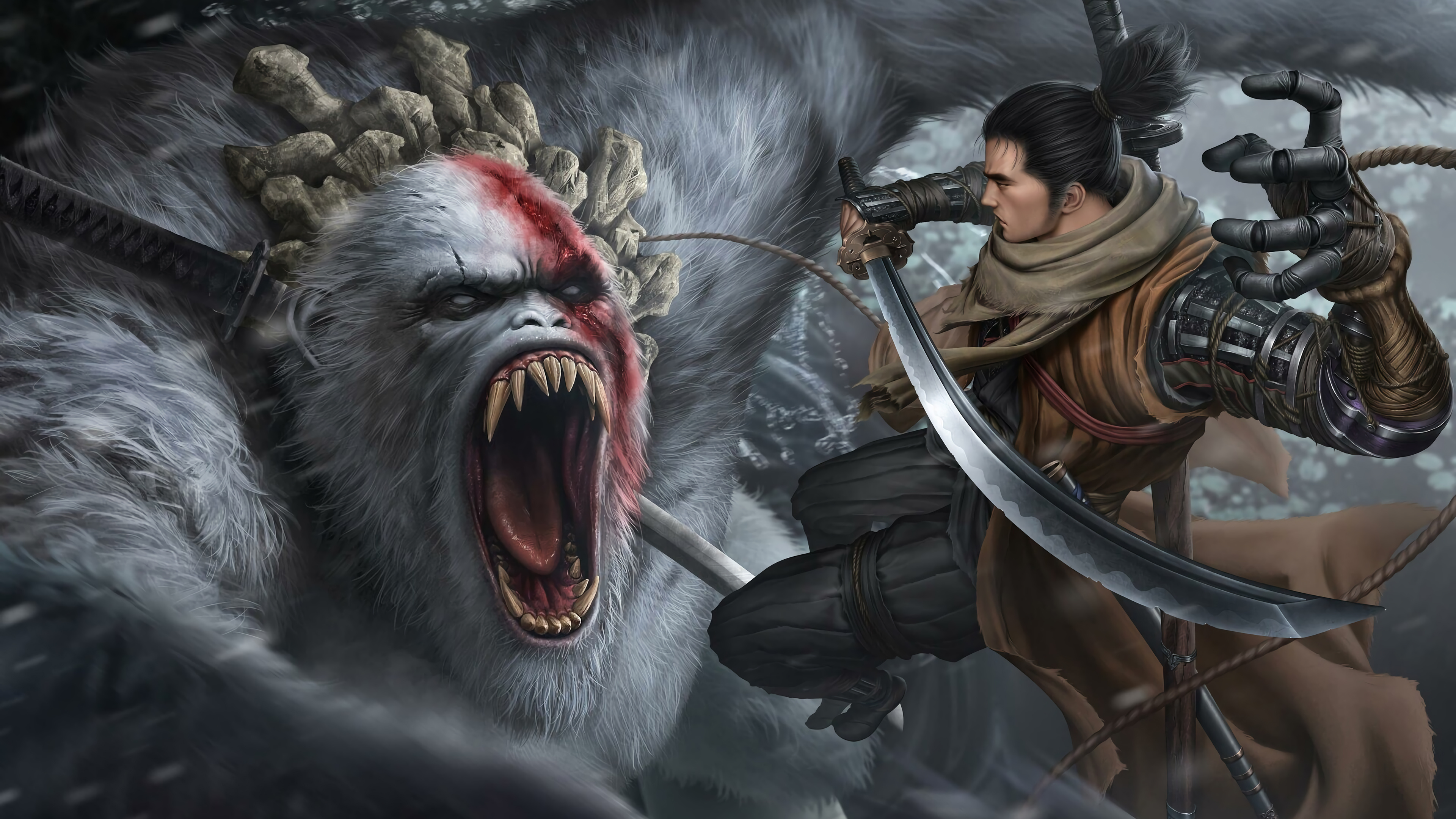 Sekiro: Shadows Die Twice — 4K Ultra HD Wallpaper: Wolf vs Ape