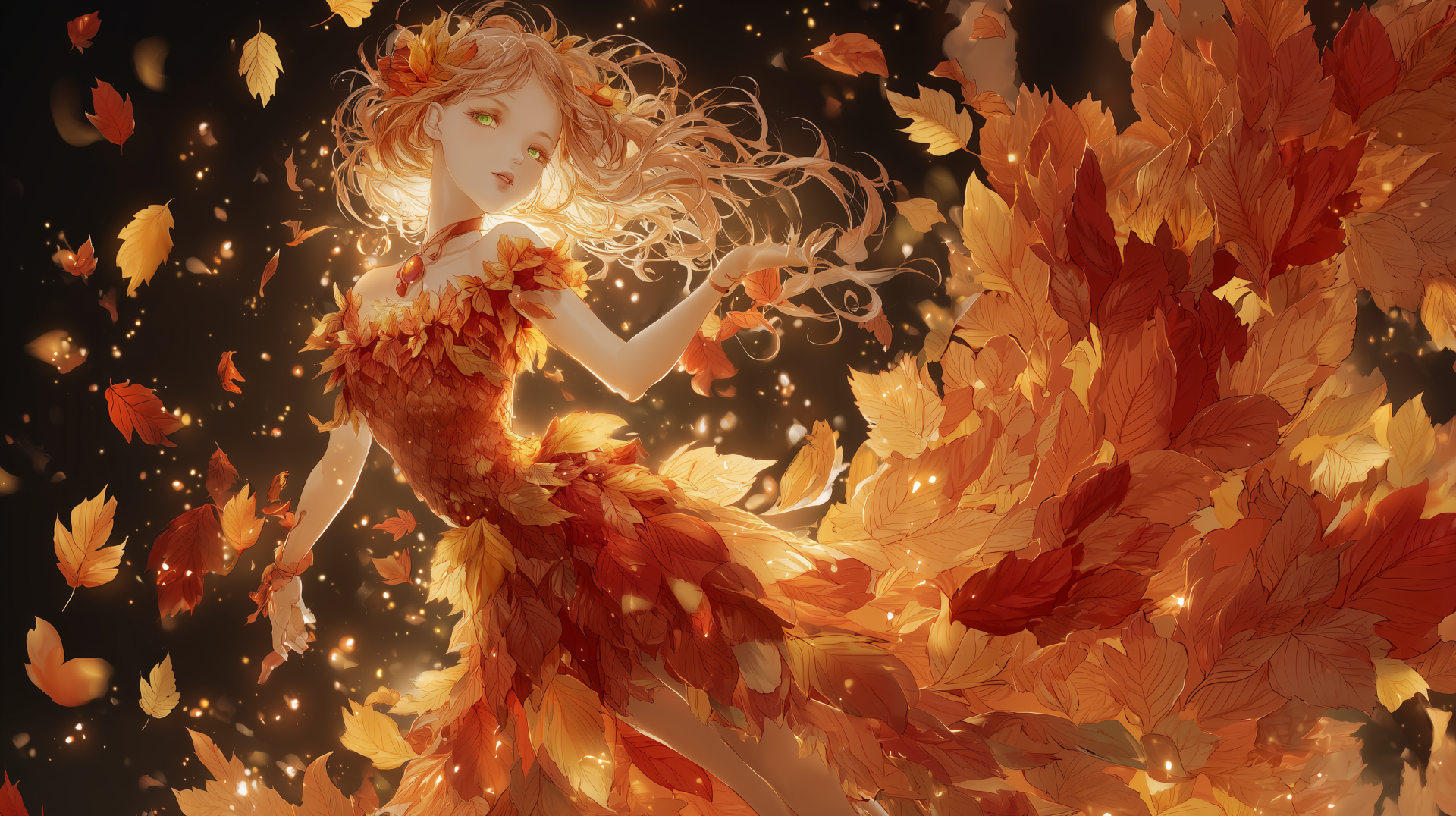 Leaffall Maiden: Fantasy Anime Girl HD Autumn Wallpaper by patrika