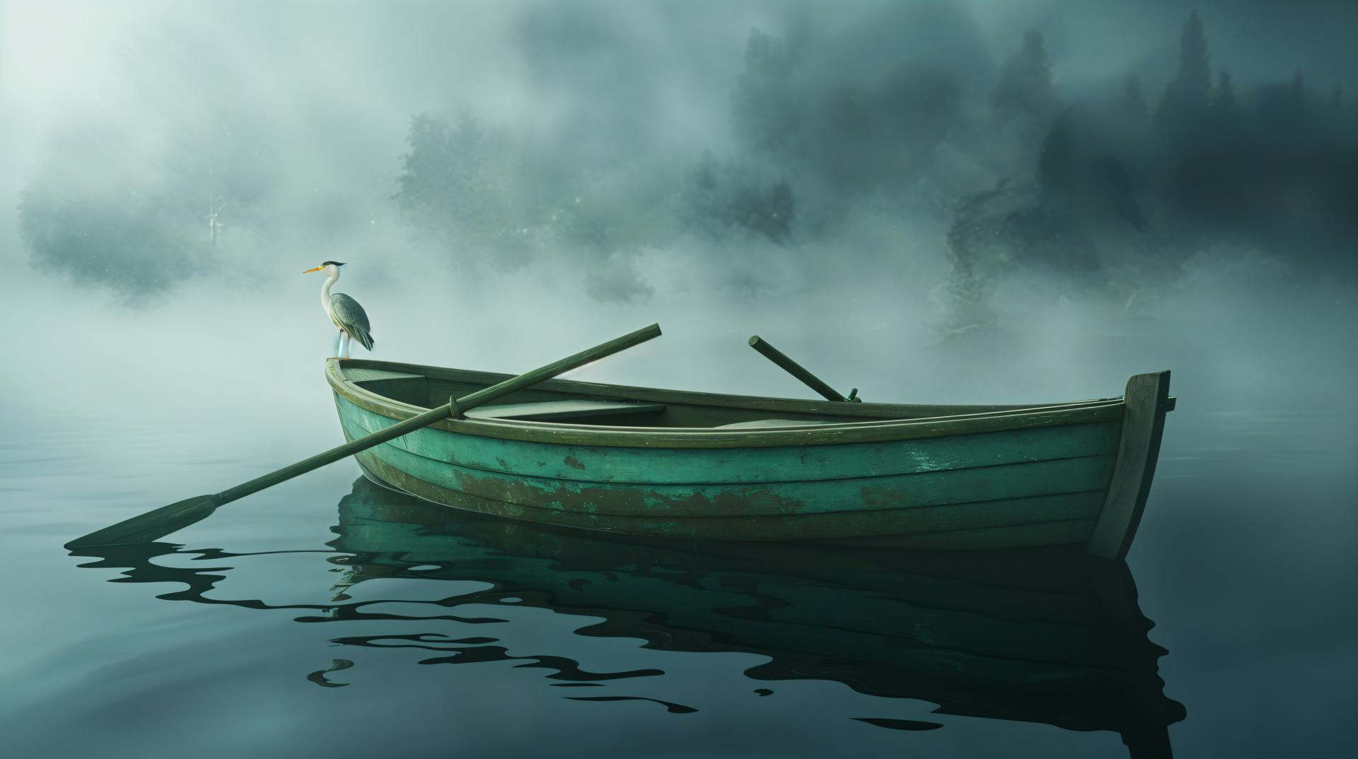 Fogbound Serenity — 4K Ultra HD Wallpaper: Lone Rowboat & Heron by QuantumCurator