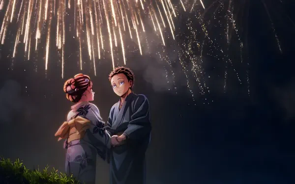 Akaza & Koyuki — Demon Slayer: Kimetsu no Yaiba 4K Firework Night Wallpaper