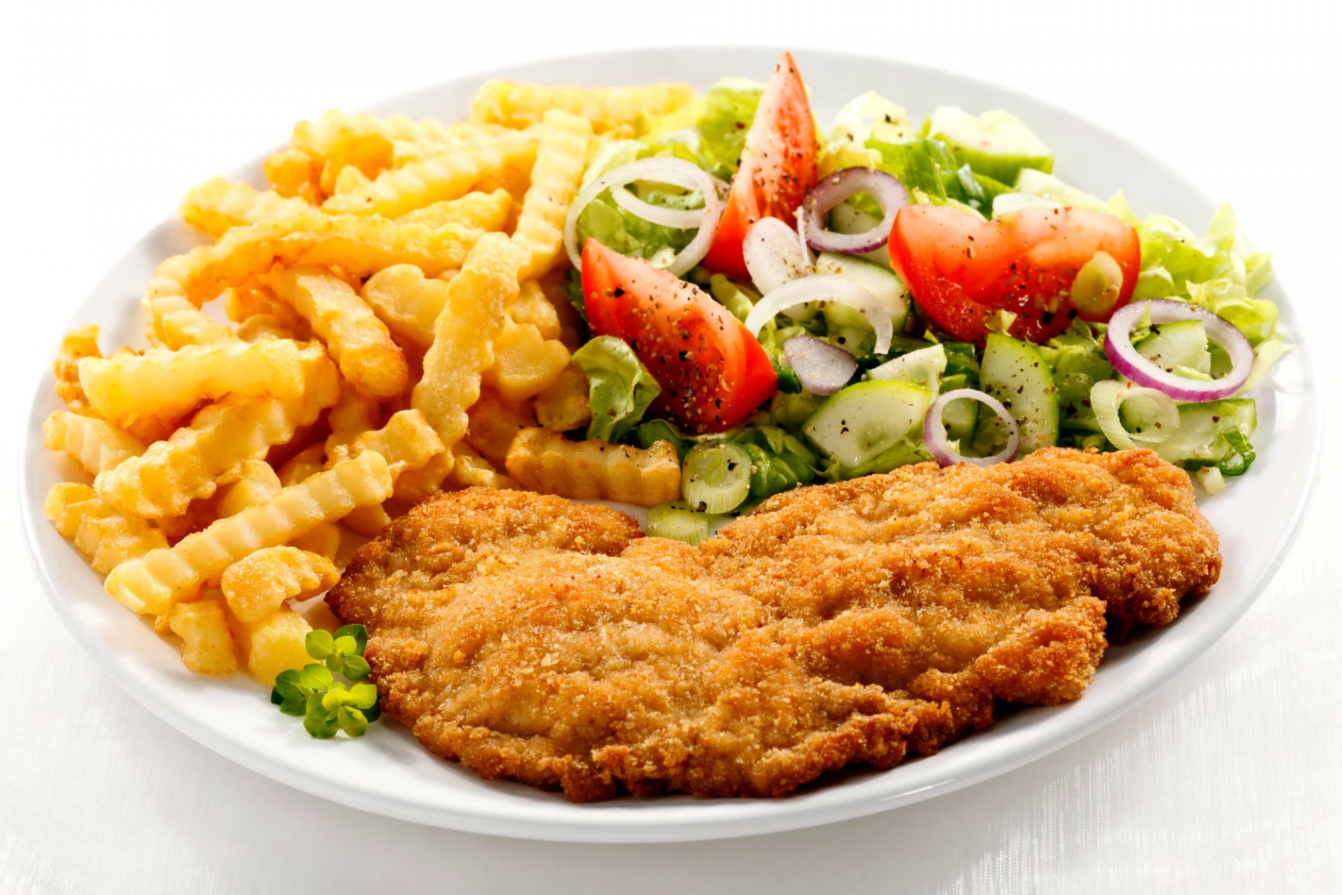 Delicious Crispy Fried Meal with Fresh Salad and Golden Fries HD Wallpaper