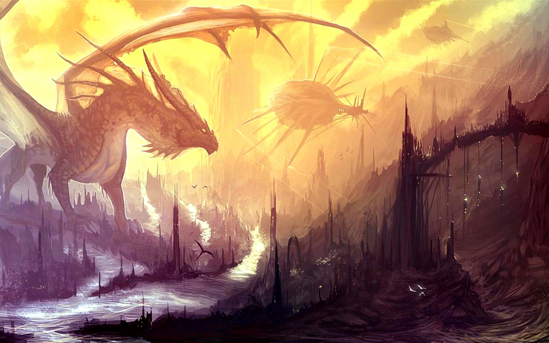 Majestic Dragon in a Fantasy Landscape - HD Wallpaper
