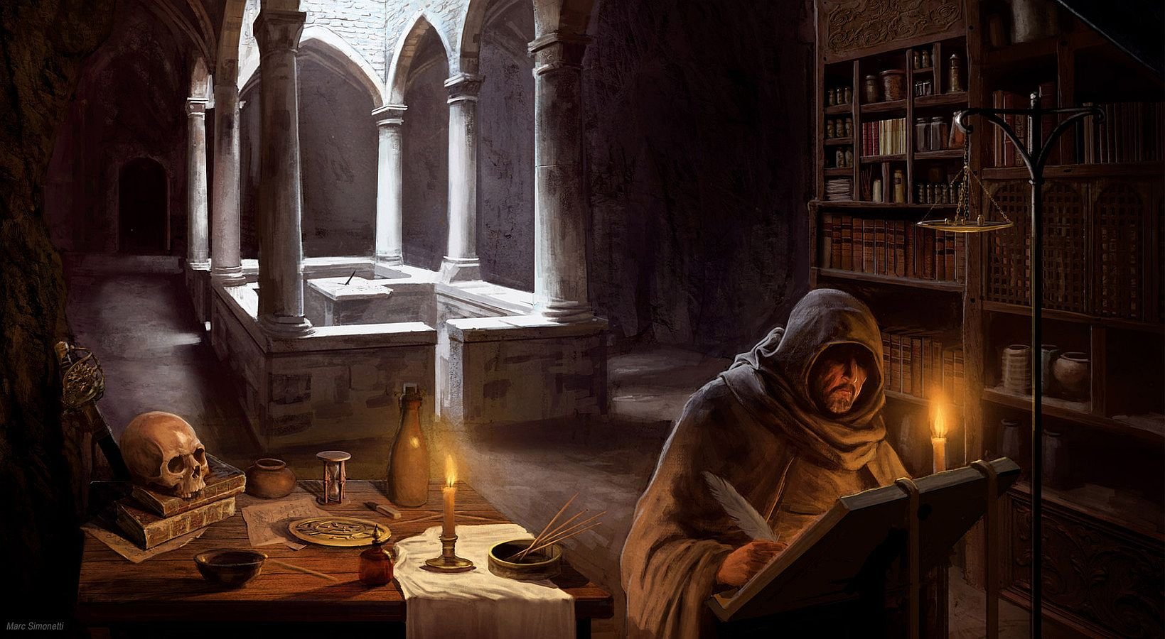 Cloistered Scribe — HD Fantasy Wallpaper