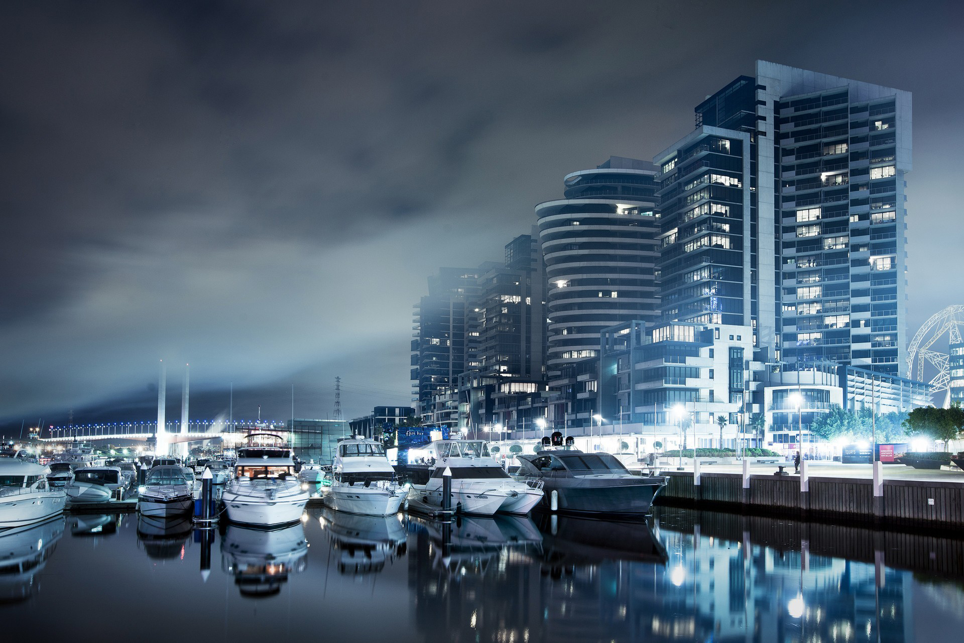 Serene Harbor Lights: Stunning Man-Made Waterfront HD Wallpaper