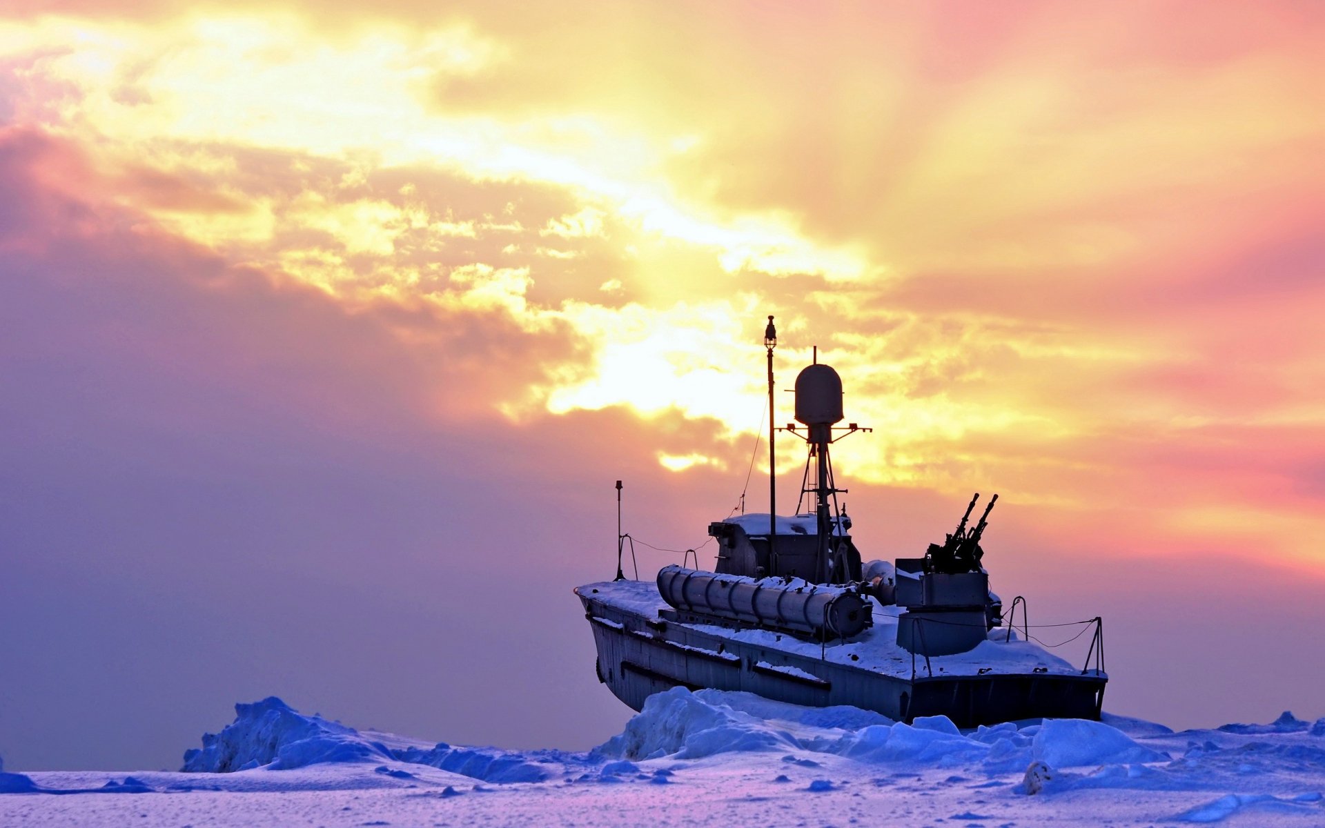 Download Sunset Scenic Ice Snow Winter Military Ship HD Wallpaper