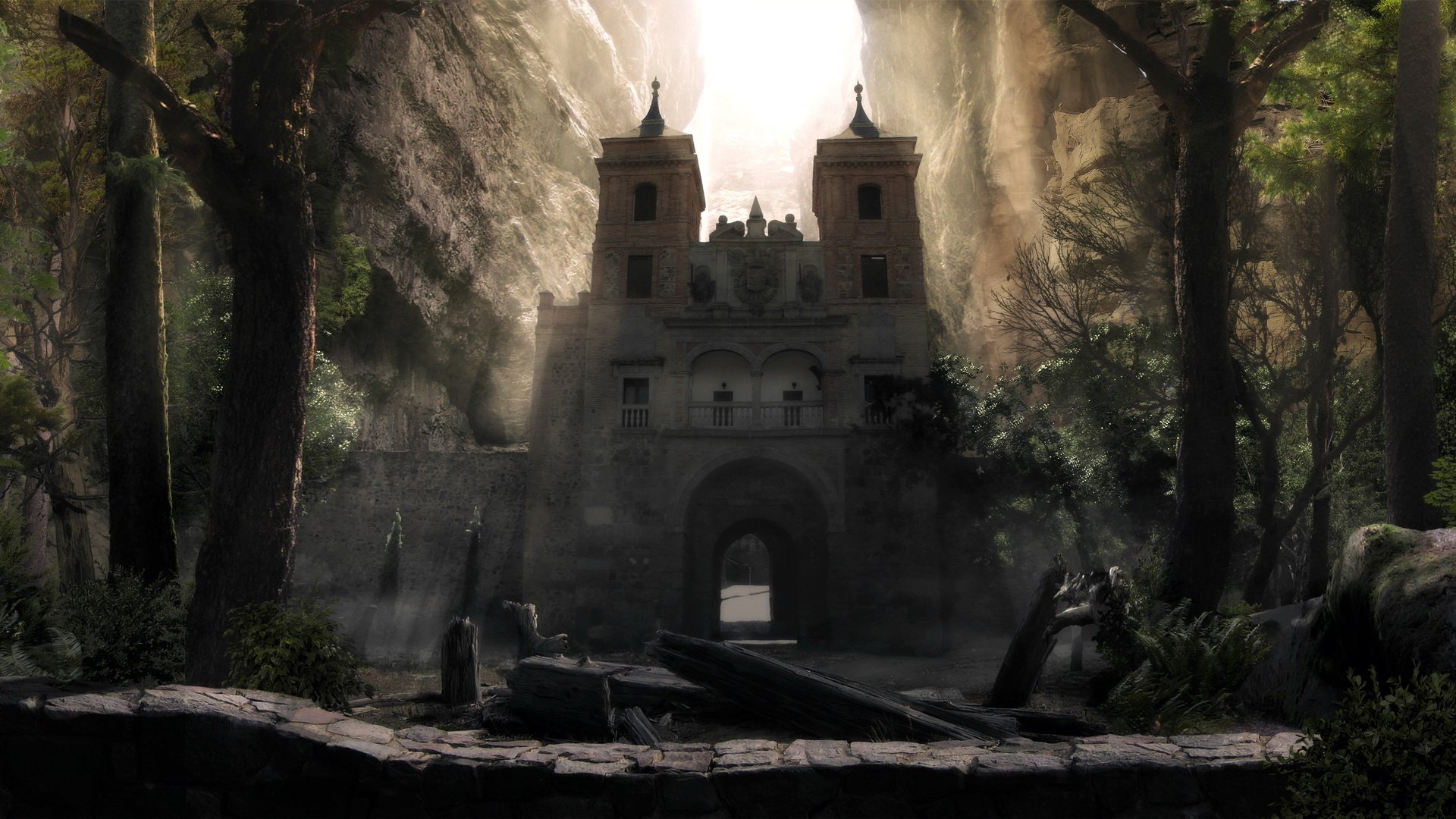 Majestic Fortress: Man-Made Marvel in Nature's Embrace – HD Wallpaper