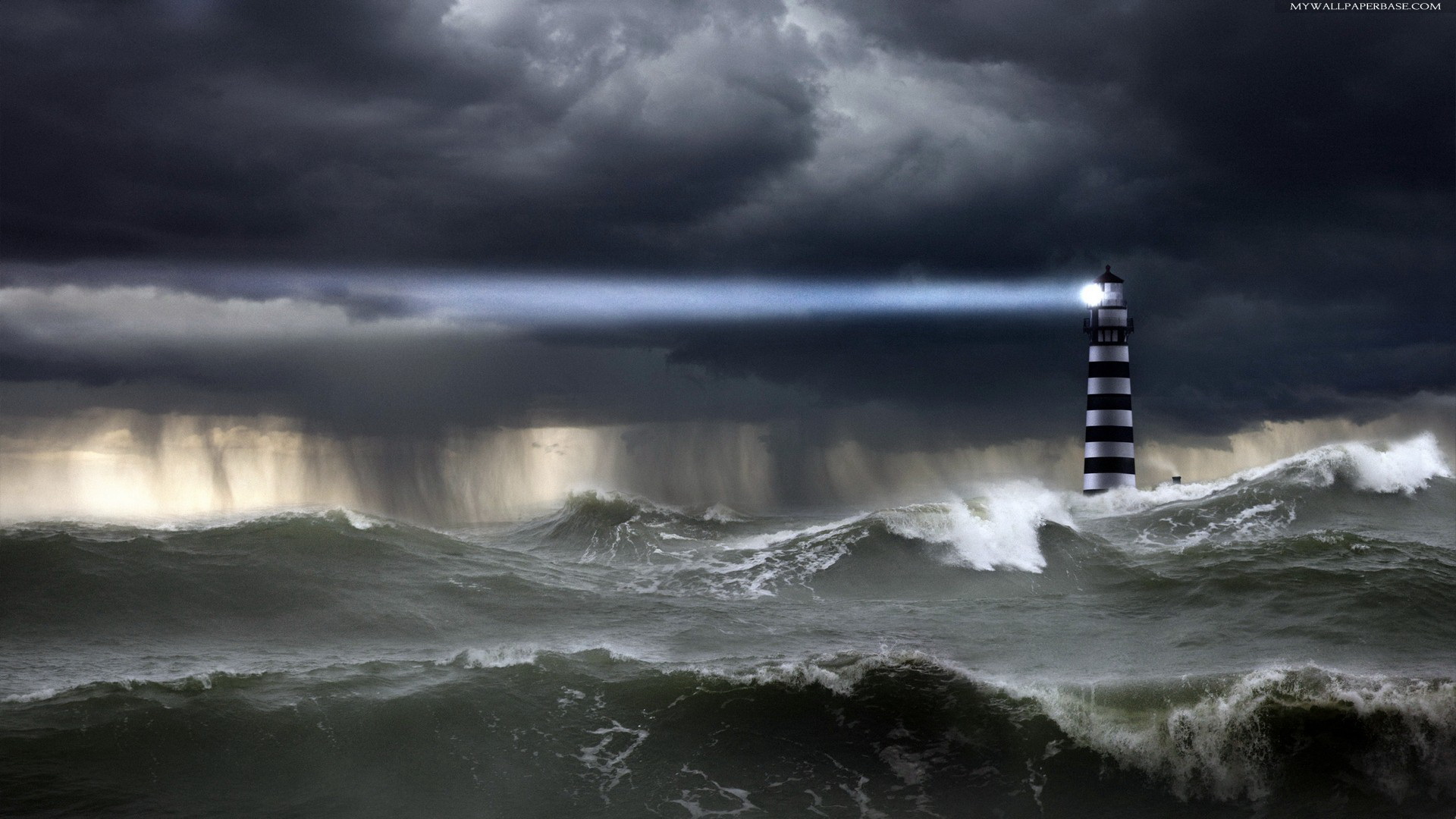 Stormy Ocean Waves Crash Near Guiding Lighthouse - HD Wallpaper