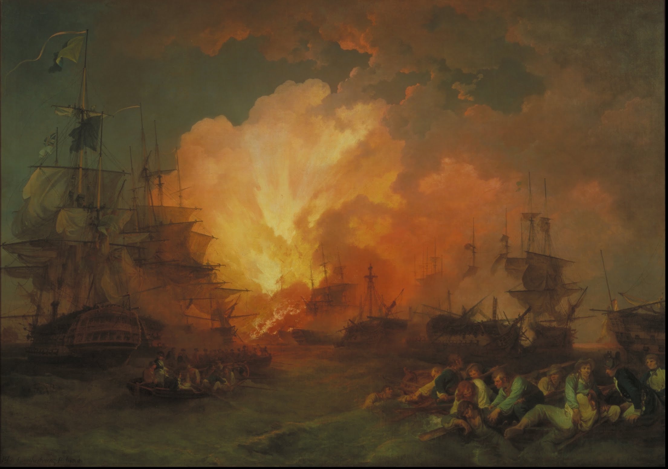 Fiery Naval Battle: Artistic HD Painting Wallpaper