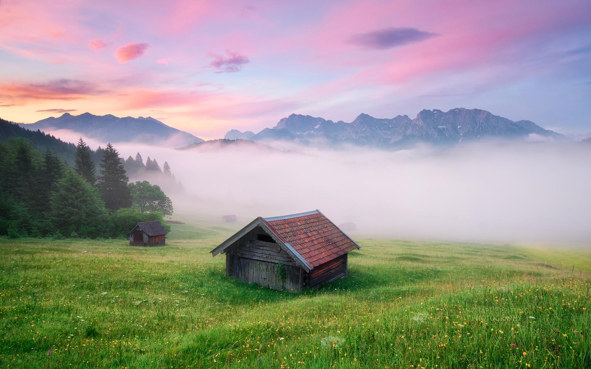 Serene Morning Cabin: HD Wallpaper of Man-Made Haven in Misty Mountains ...