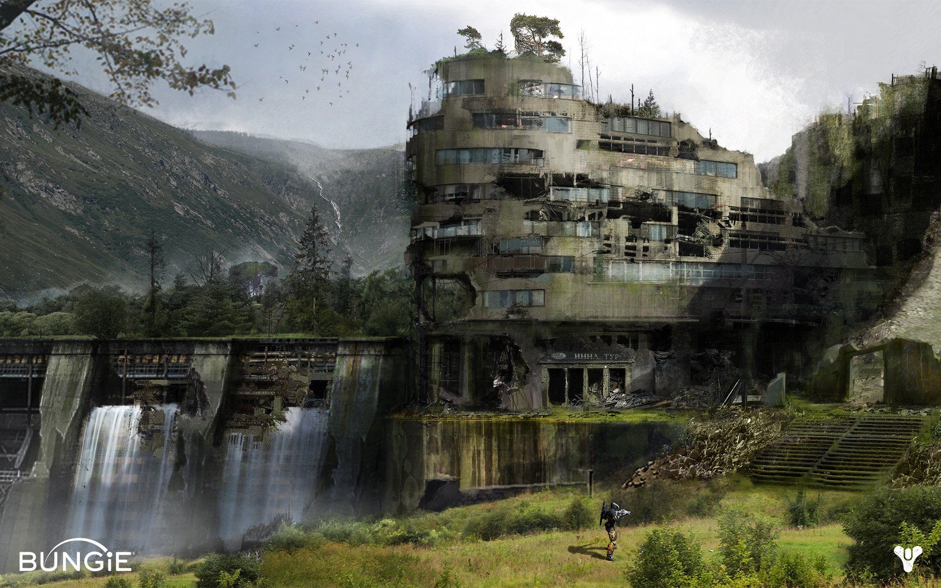 Destiny HD Wallpaper: Ruined Fortress Amidst Lush Wilderness
