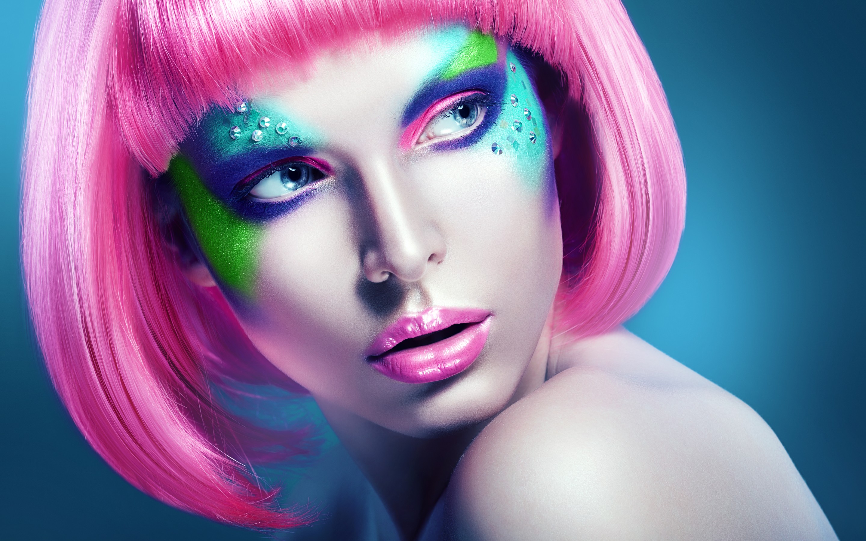 Vibrant HD Portrait: Bold Woman with Pink Hair and Artistic Face Makeup