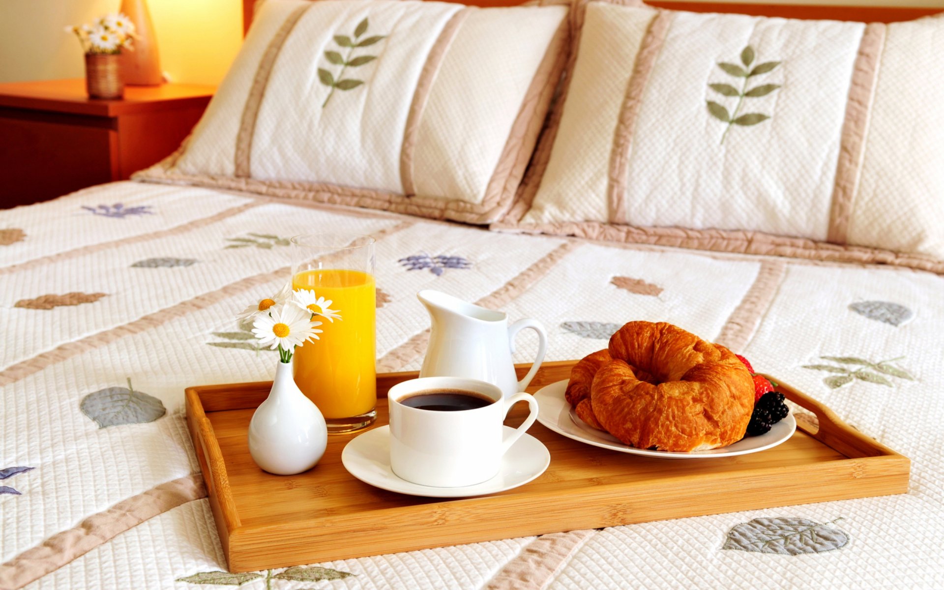 Romantic Breakfast Bliss: Croissant, Coffee, Juice & Daisy in Cozy ...